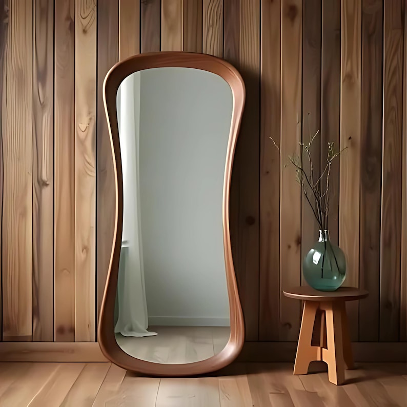 Walnut Wavy Floor Full Length Mirror - Wooden Mid Century Modern Tall ...