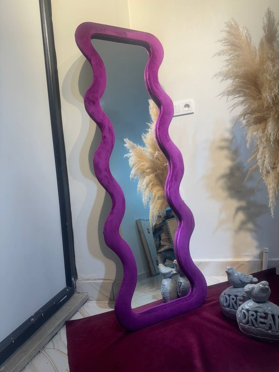 Full Length Wavy Velvet Mirror Floor Wave Fabric Mirror Long Irregular ...