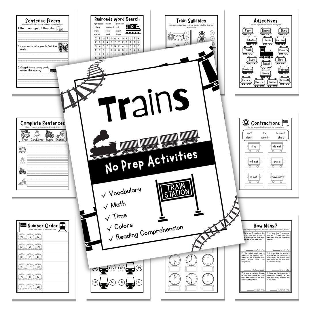Trains No-prep Activity Bundle | Worksheets for Kids | Math, Literacy ...