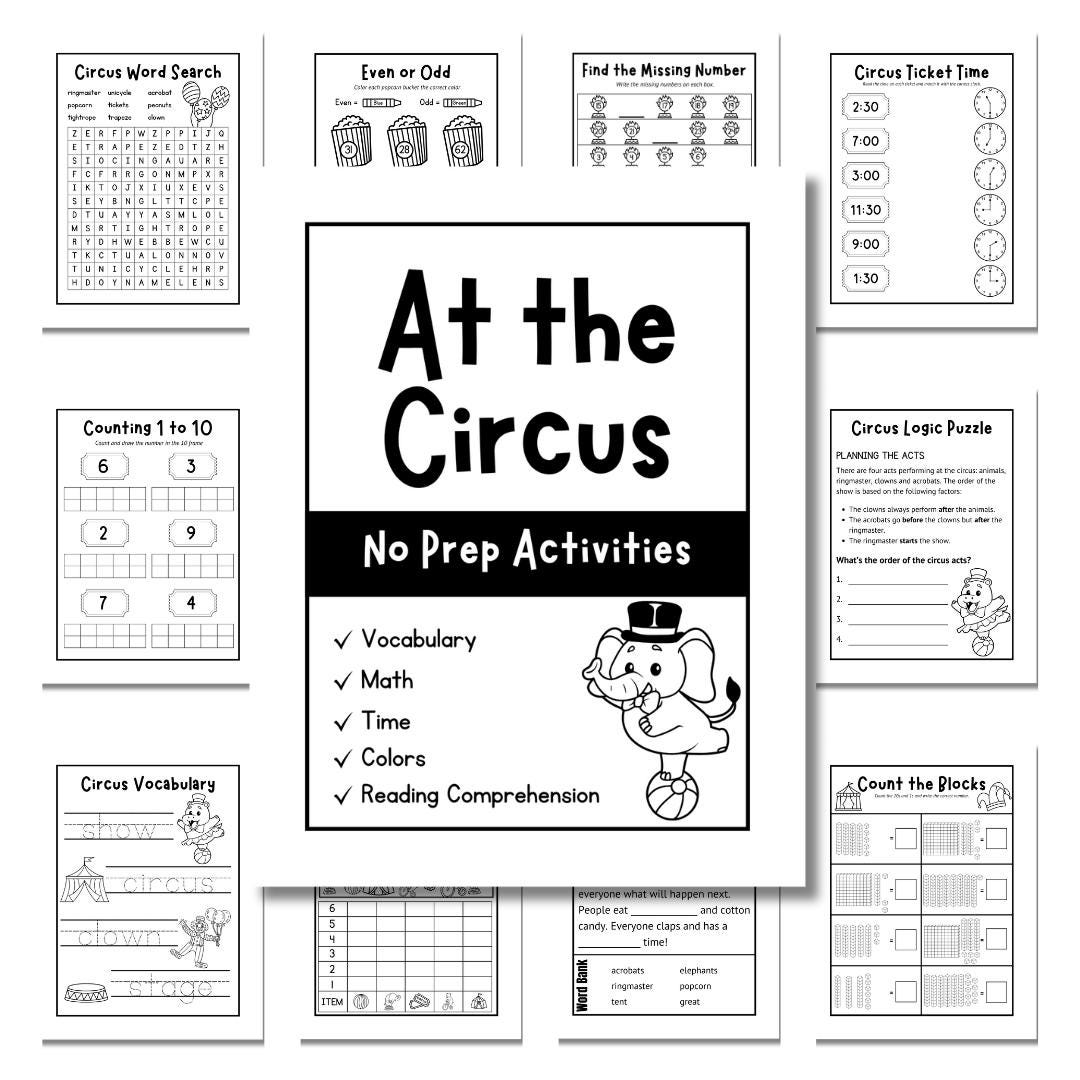 Circus No Prep Worksheet Pack | Math Language Color Skills Digital ...
