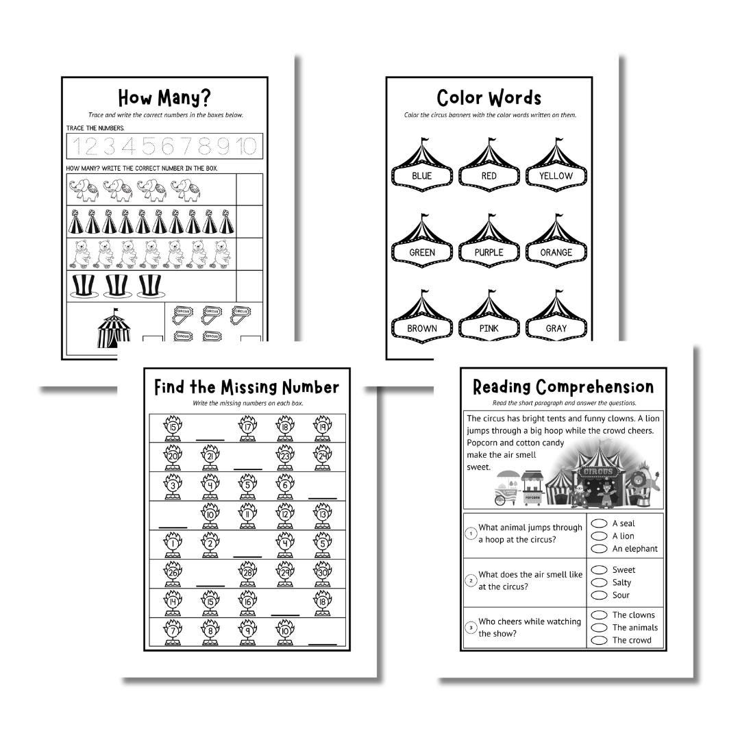 Circus No Prep Worksheet Pack | Math Language Color Skills Digital ...