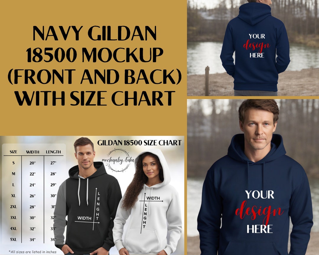 Gildan 18500 Navy Hoodie Mockup With Size Chart, Gildan 18500 Hoodie ...