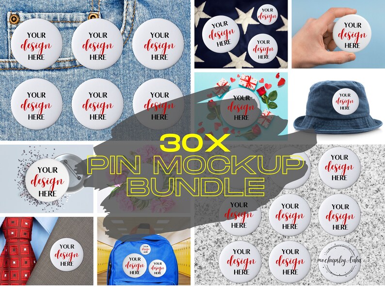 30 X Pin Button Mockup Bundle, Button Pinback Mockup, Printify Round ...