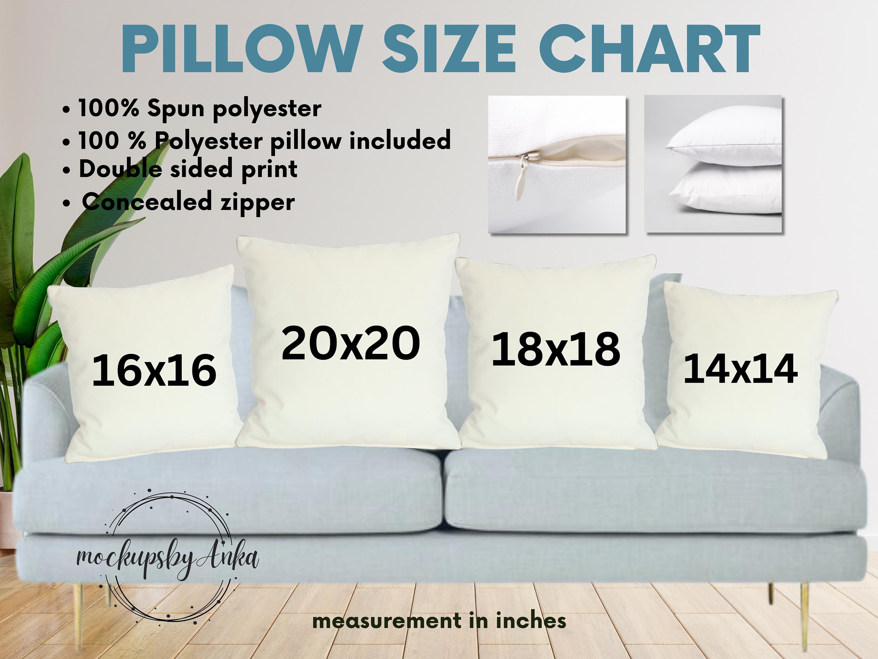2 X Pillow Mockup Size Chart, Square Pillow Mockup, Printify Throw ...
