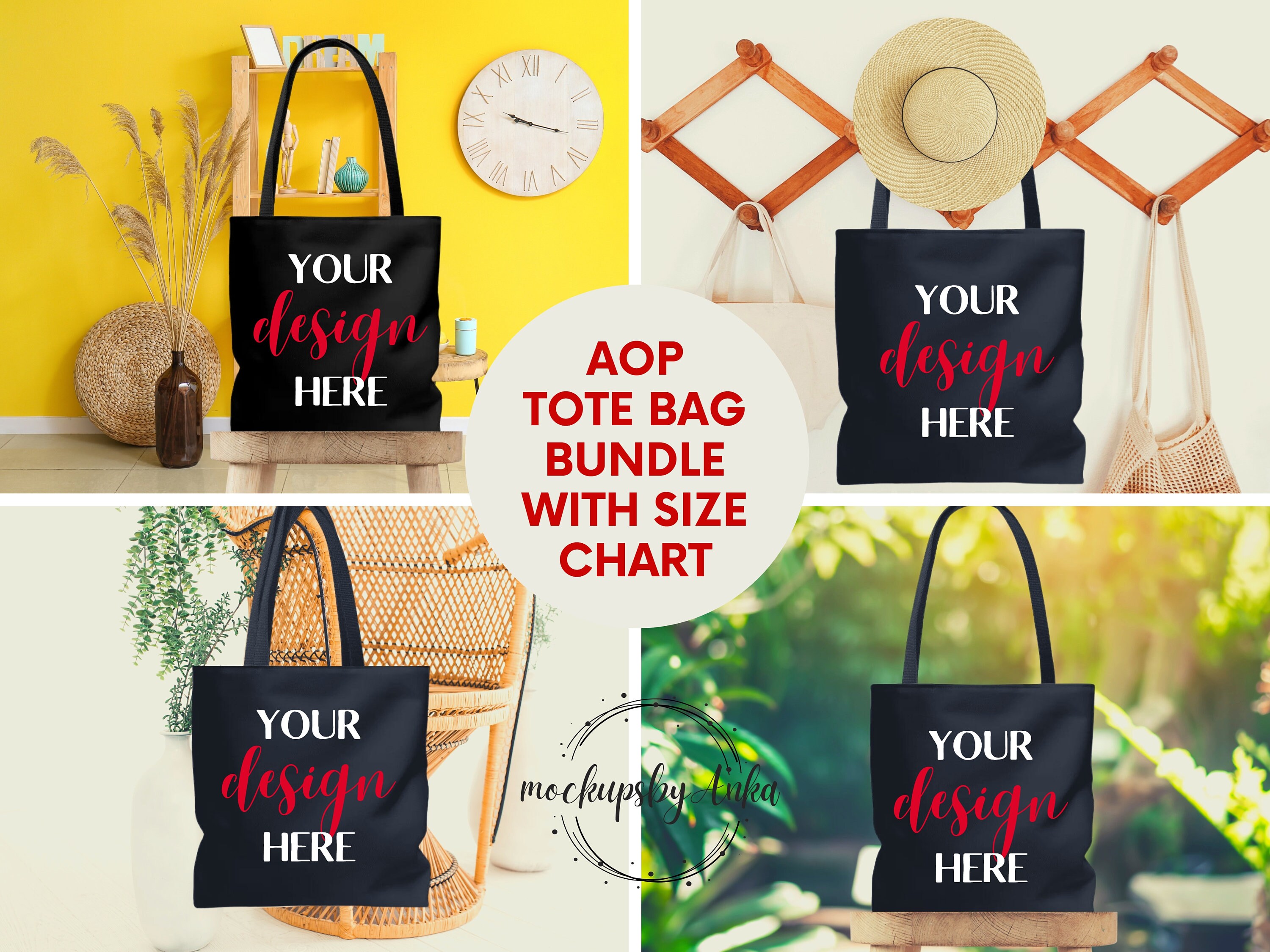 AOP Tote Bag Black Mockup Bundle With Size Chart, AOP Tote Bag Mock up , Tote Bag Mockup ...