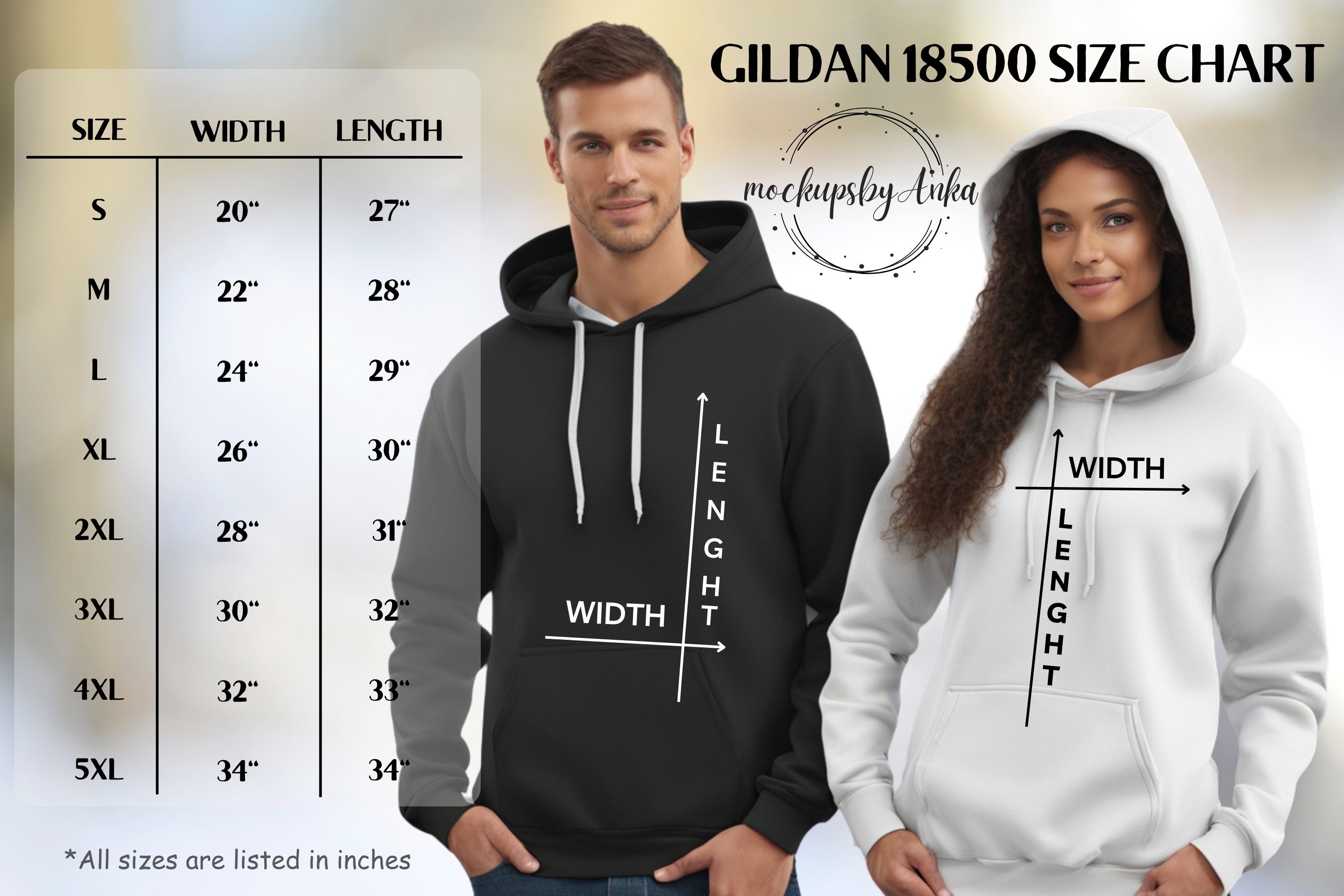 Gildan 18500 Navy Hoodie Mockup With Size Chart, Gildan 18500 Hoodie ...