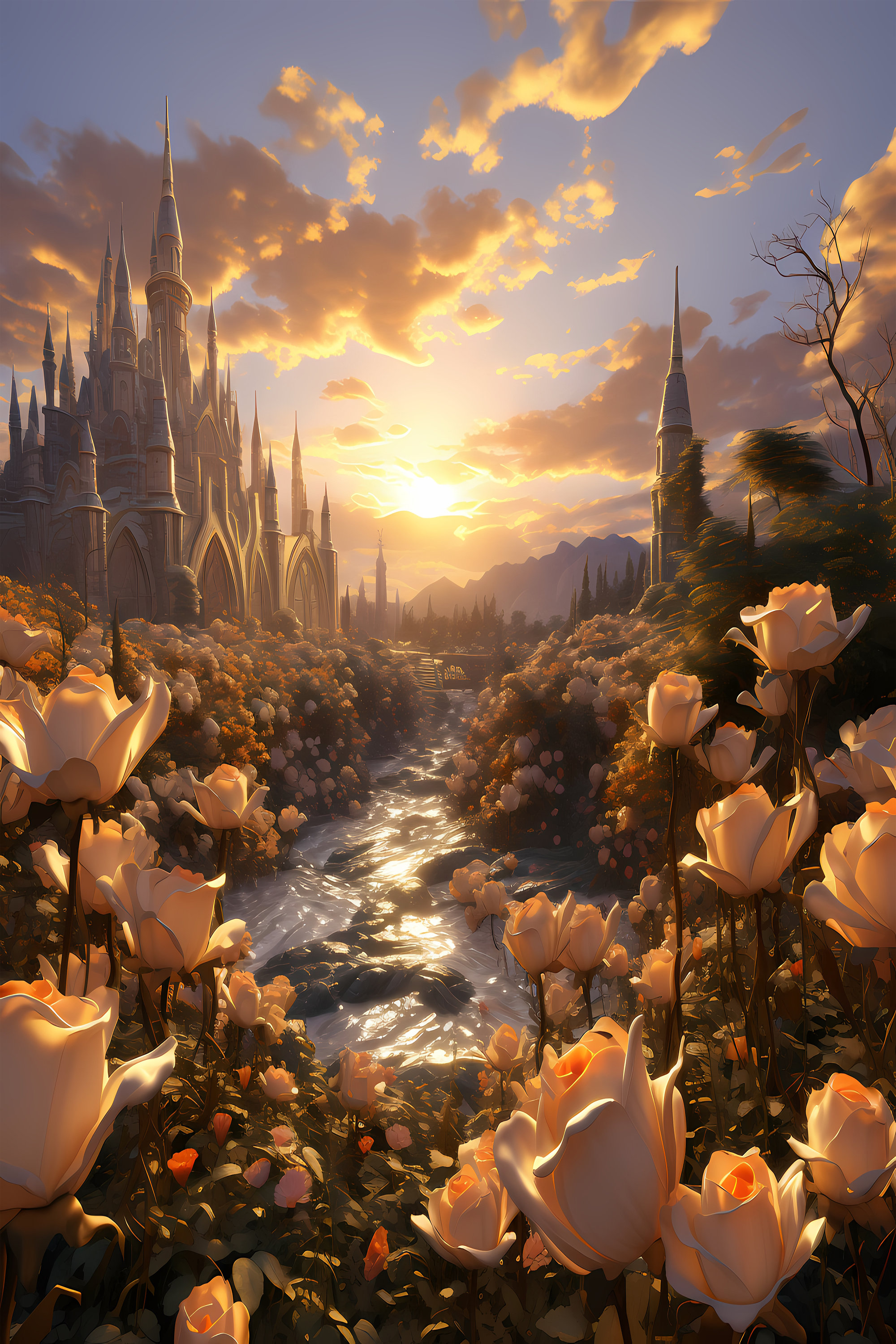 White Roses Castle Sunset Art Print (digital Download) - Etsy