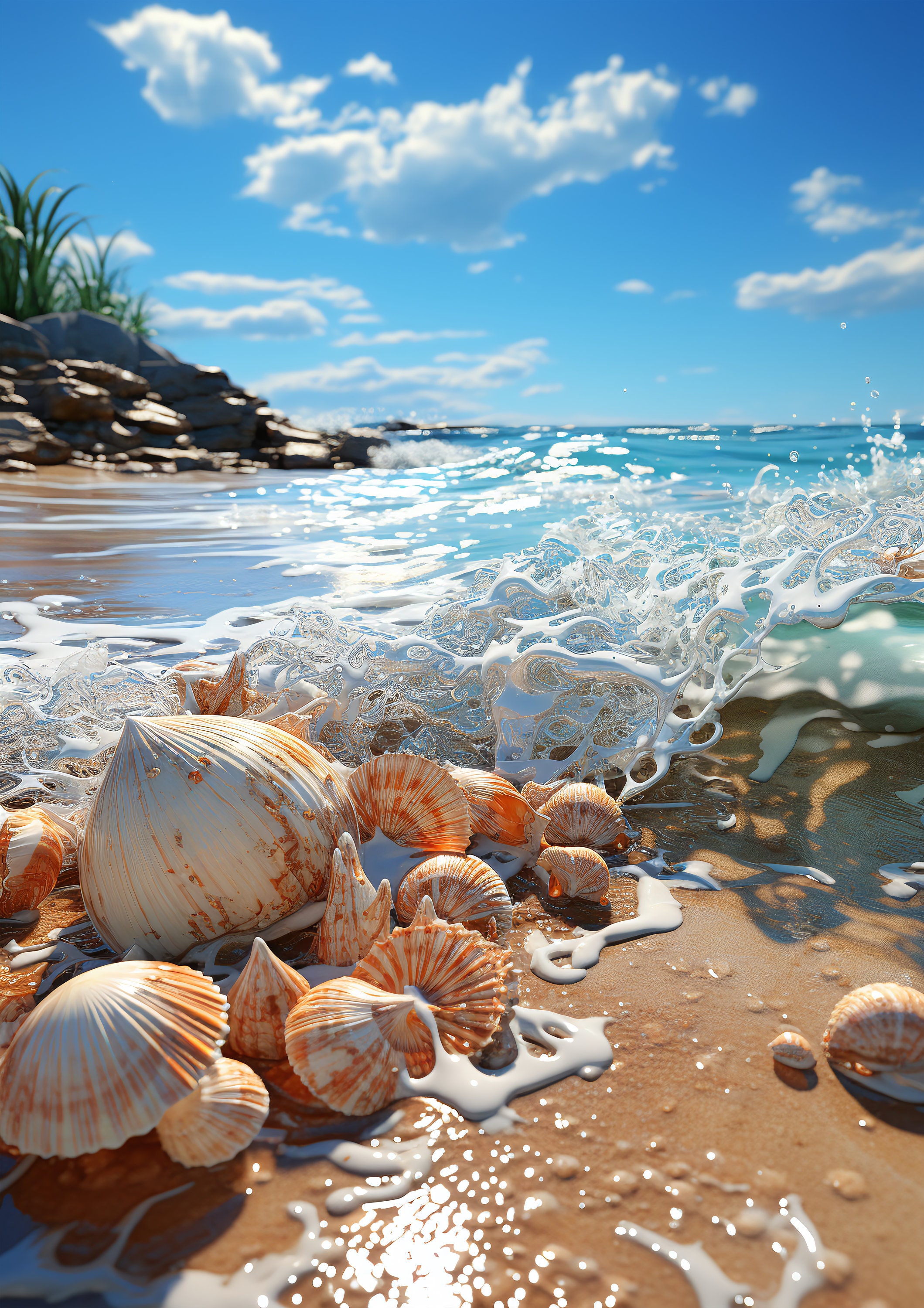 Digital Printable Wall Art, Beautiful Ocean View With Seashells on the ...