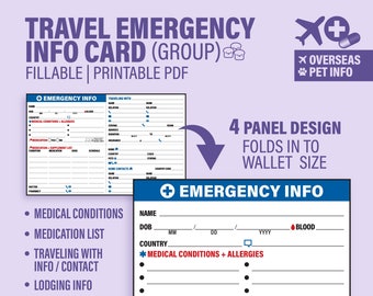 Travel Emergency Card (personal) With Emergency Contacts Med Conditions ...