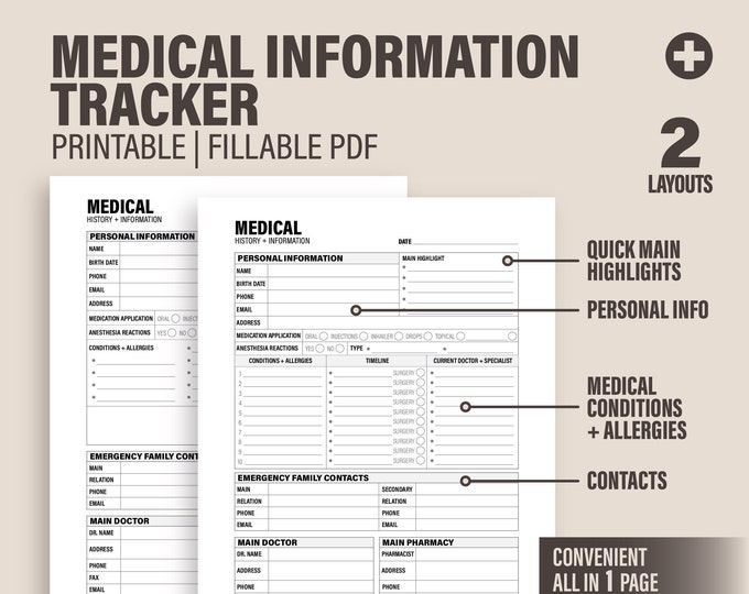 Medical Information Tracker With Emergency Contacts Doctor Contact ...