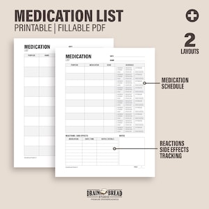 Medication Tracking List Pack With Schedule Notes Reactions or Side ...