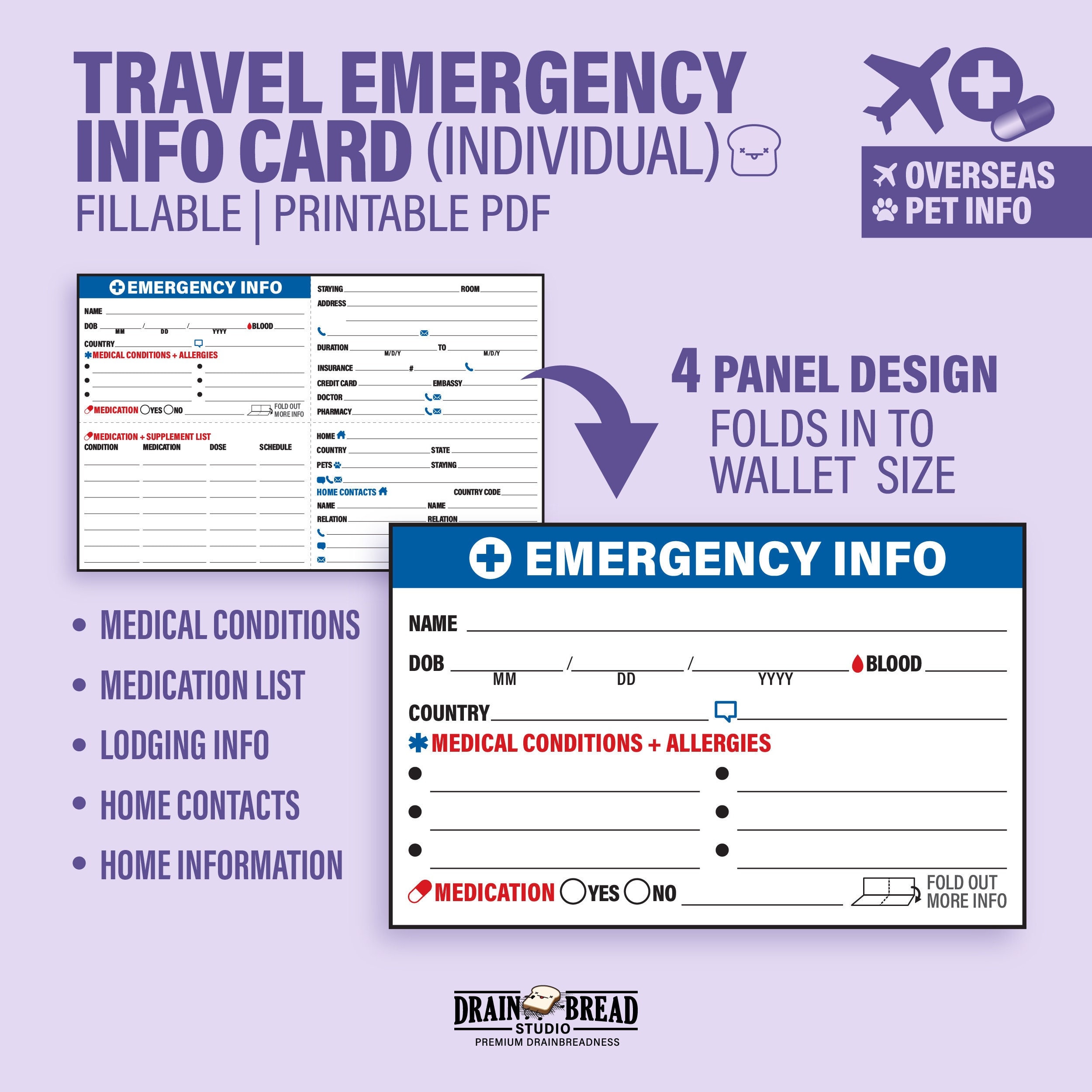 Travel Emergency Card (personal) With Emergency Contacts Med Conditions ...