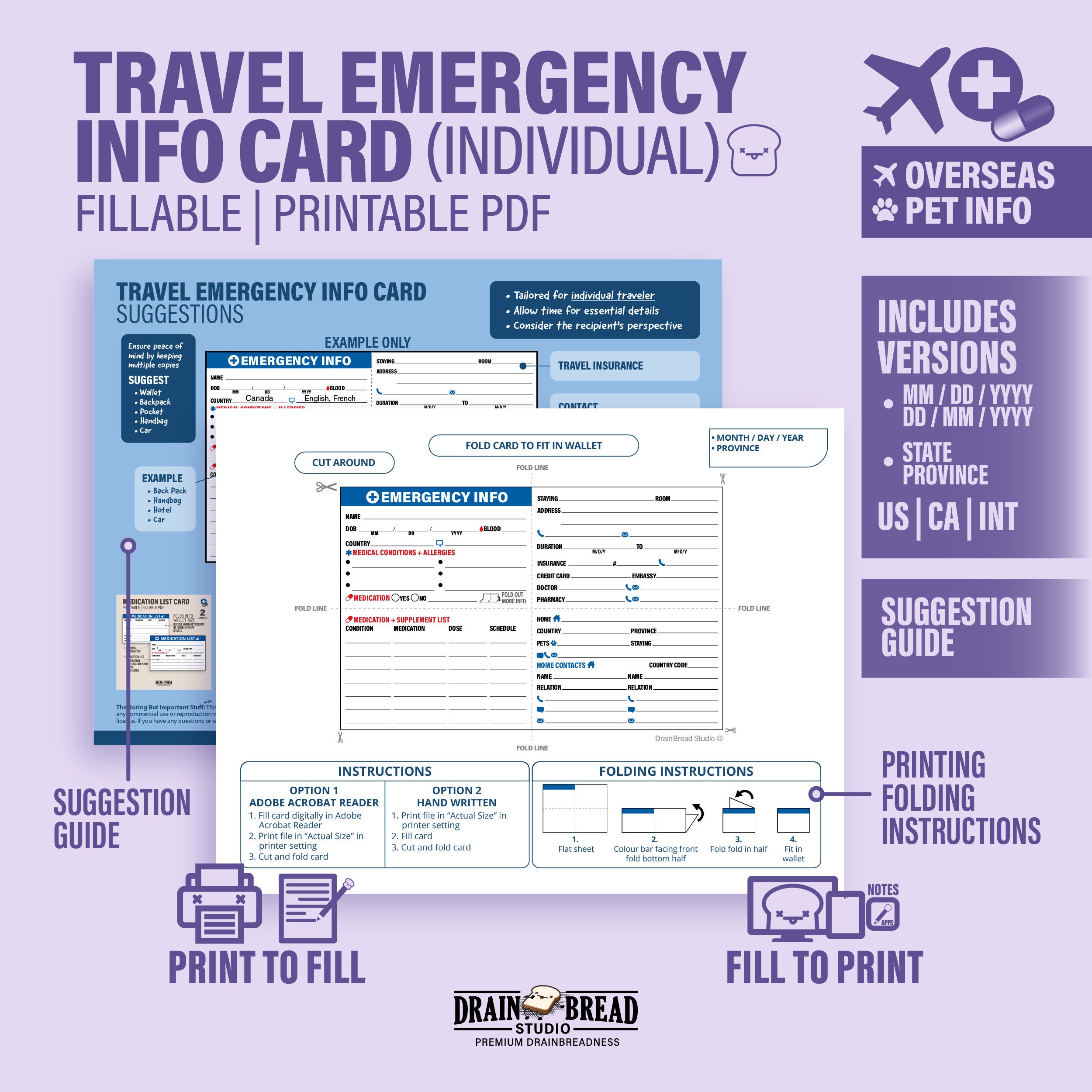 Travel Emergency Card (personal) With Emergency Contacts Med Conditions ...
