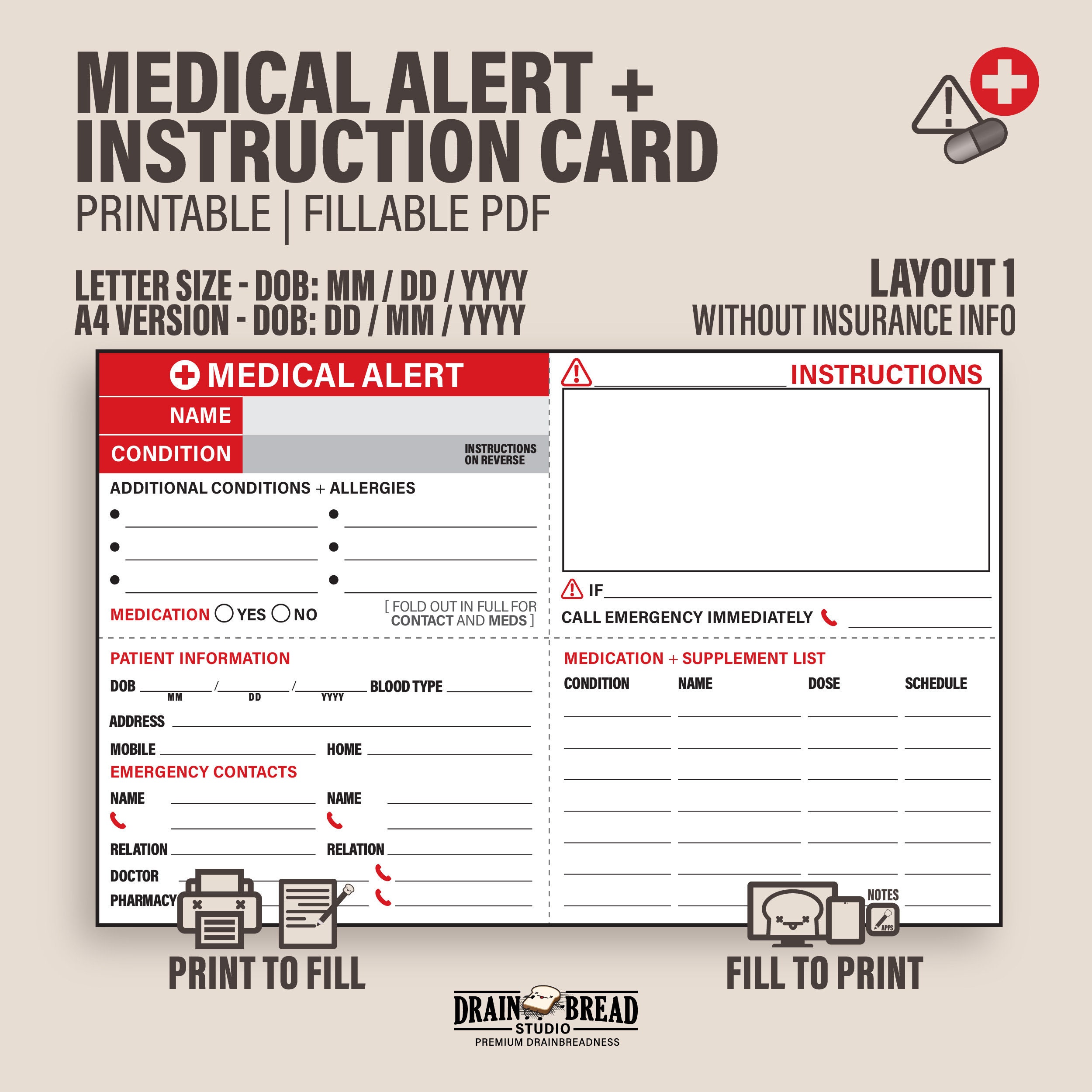 Medical Alert ID With Customisable Emergency Instructions Med List Emergency Contact Wallet Card ...