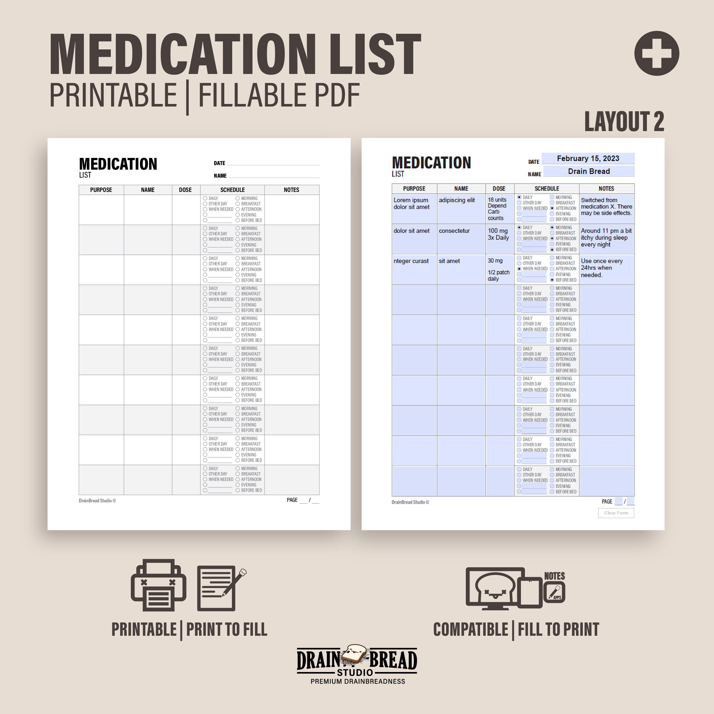 Medication Tracking List Pack With Schedule Notes Reactions or Side ...