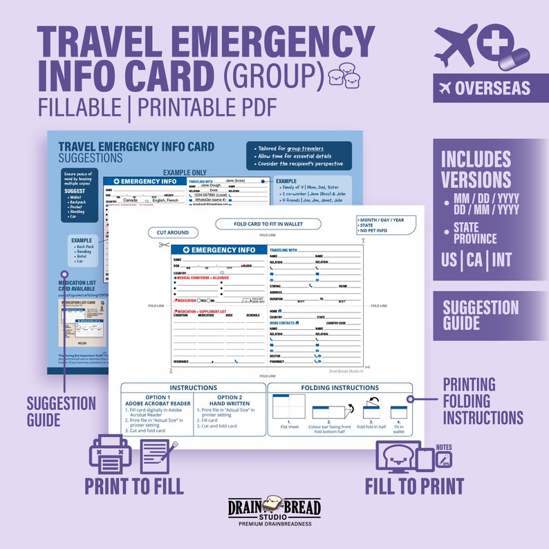 Travel Emergency Card (group) With Emergency Contacts Medical ...