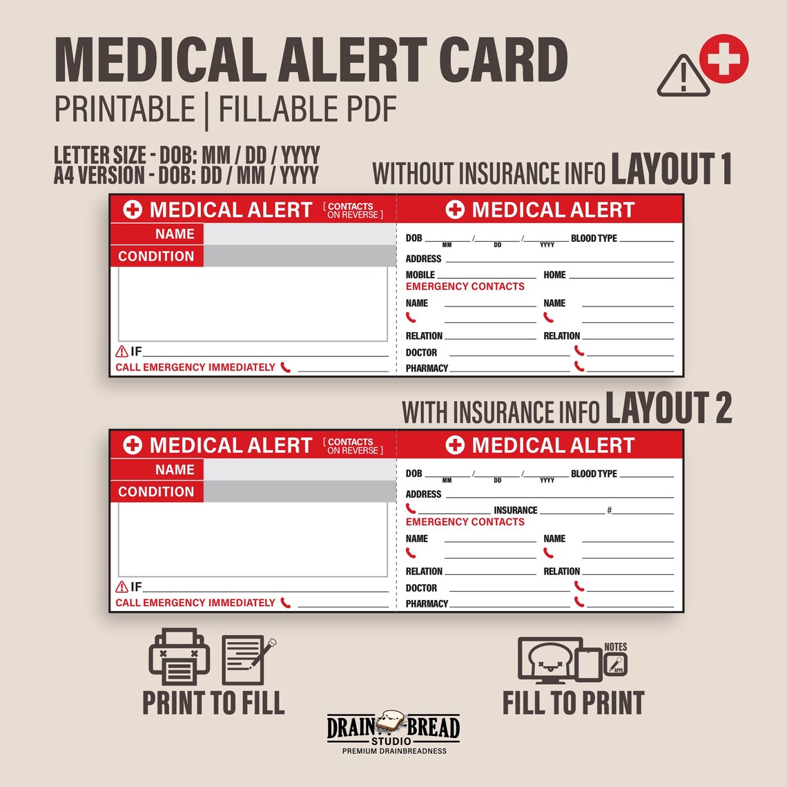 Medical Alert ID Wallet Card - Customisable Emergency Instructions ...