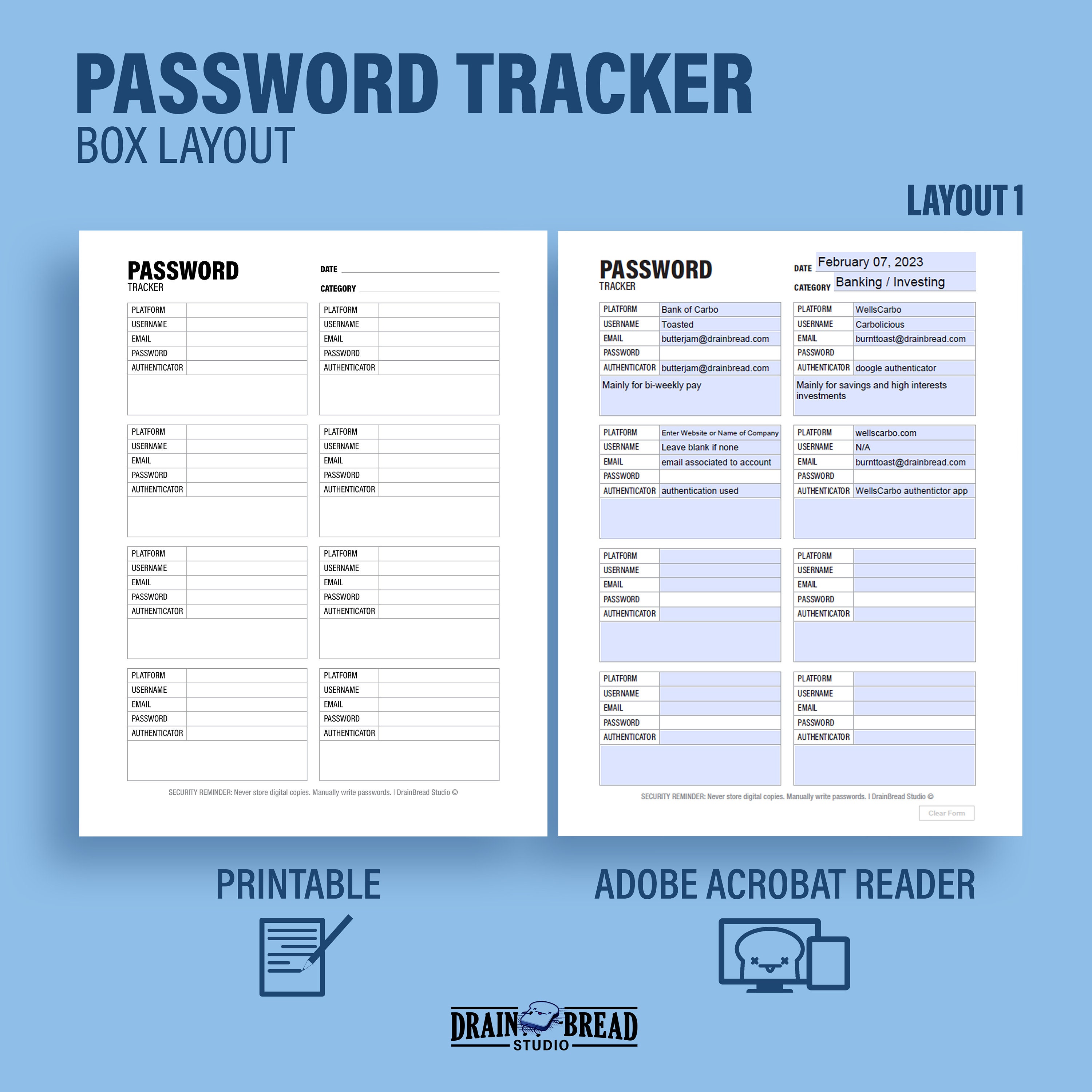 Passwords Tracker Accounts Tracker Box Layout Printable & Fillable ...