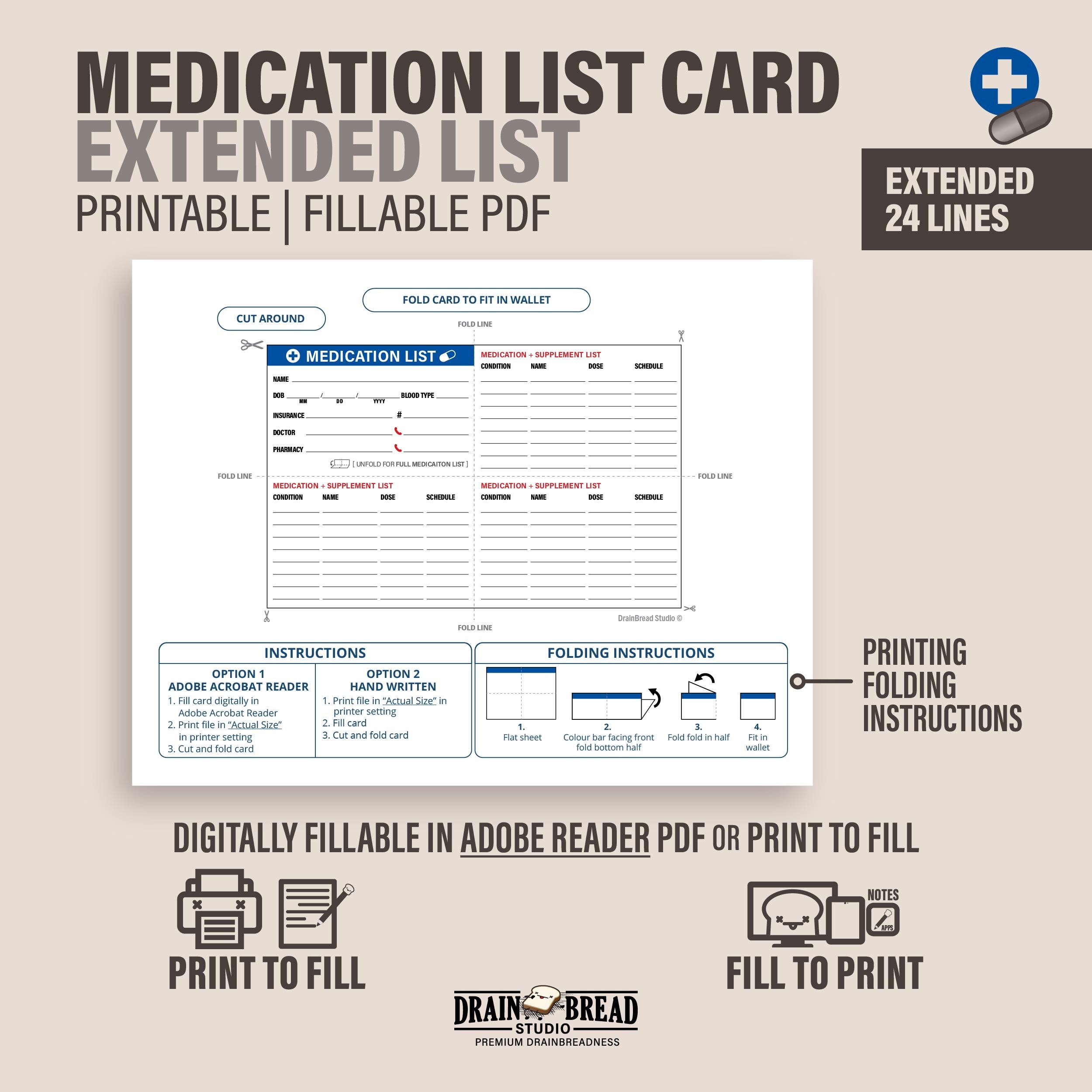 Extended Medication List Wallet Card | 4-panel Medication & Supplement ...