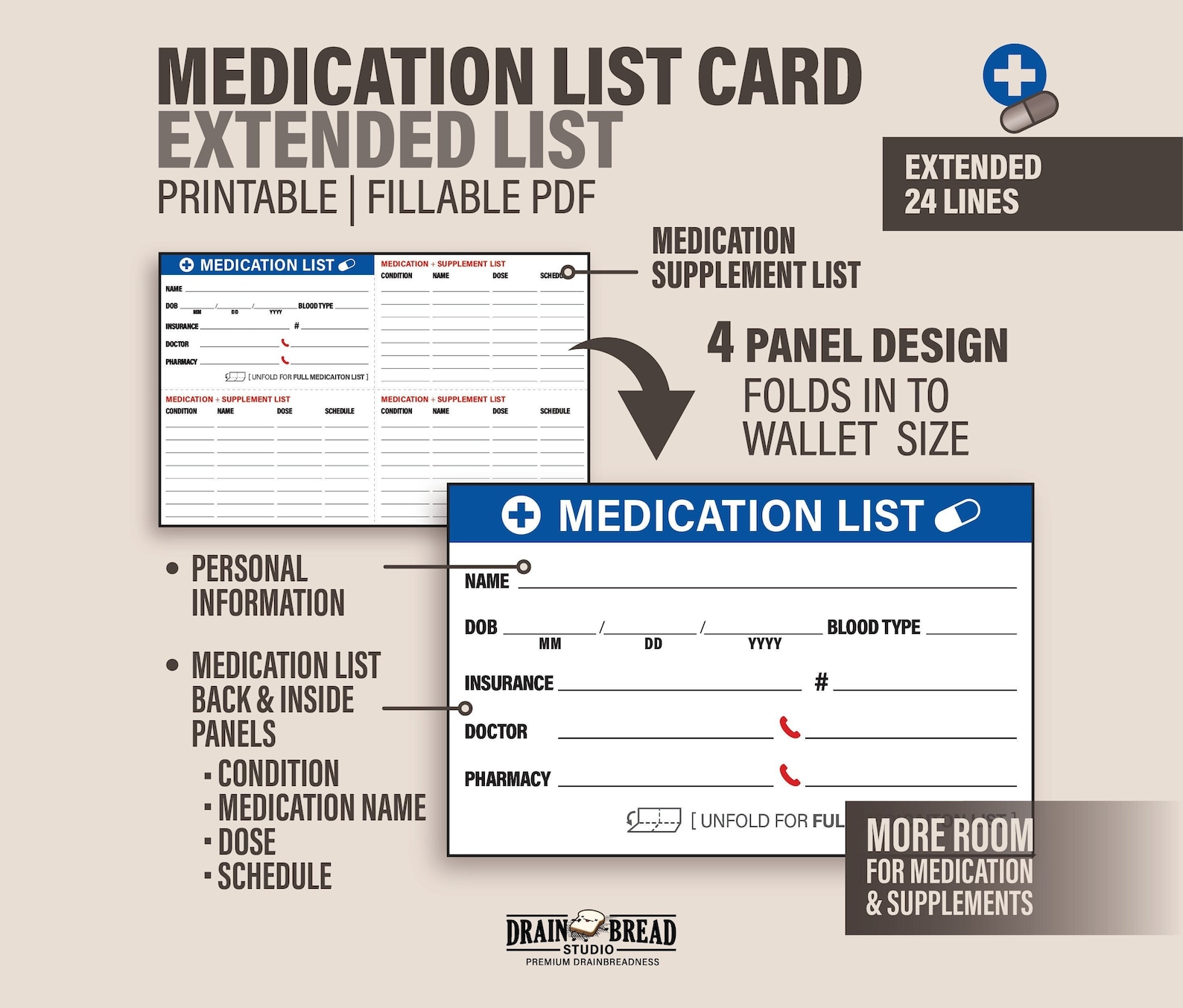Extended Medication List Wallet Card | 4-panel Medication & Supplement ...