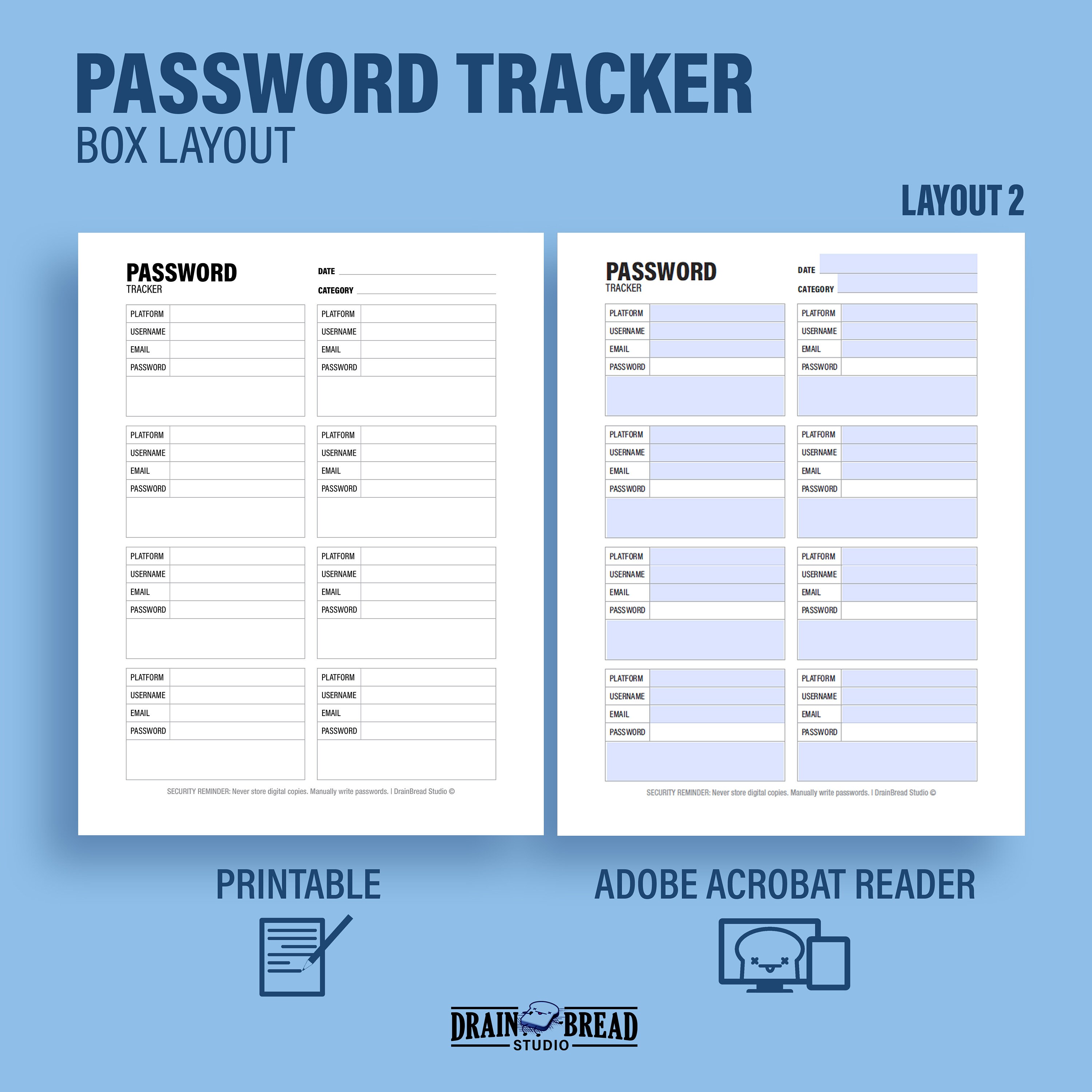 Passwords Tracker Accounts Tracker Box Layout | Printable & Fillable ...