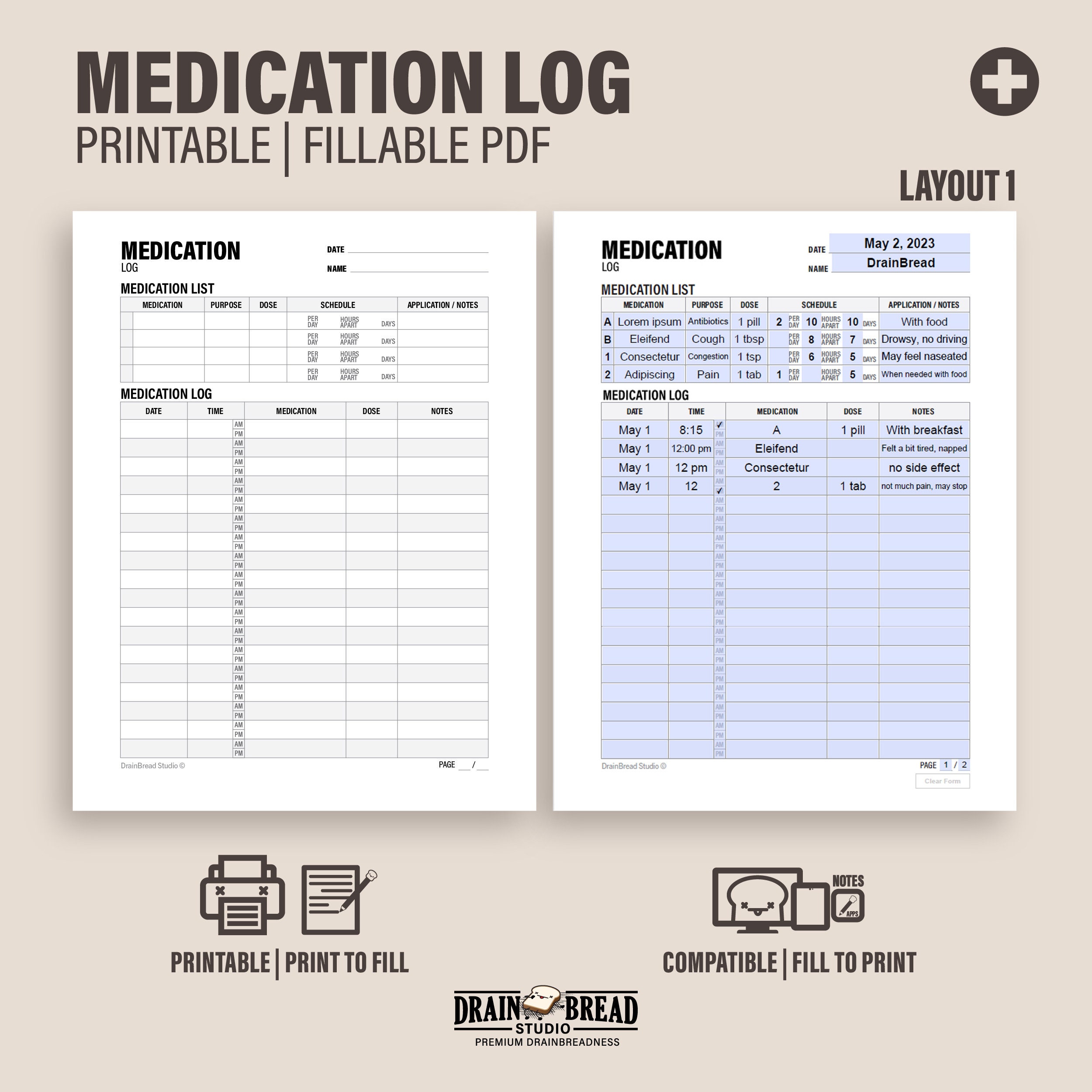 Medication Log Short Term Medication Log Pack Printable & Fillable PDF ...