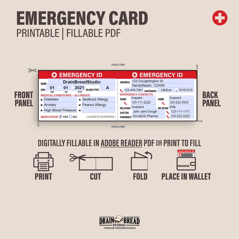 Emergency ID Wallet Card - Customisable Medical Info, Personal Details ...