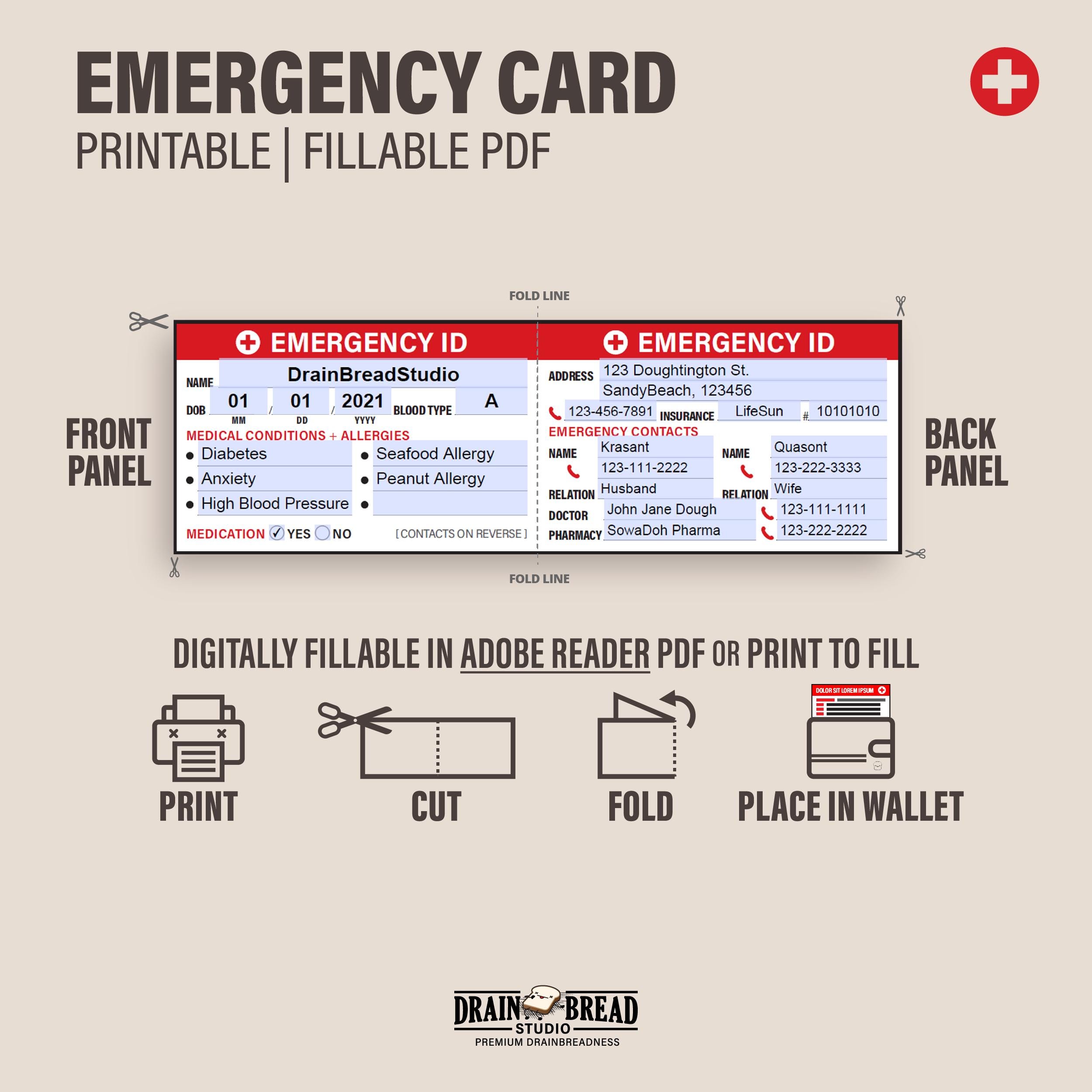 Emergency ID Wallet Card | Personal Medical Info & Emergency Contacts ...