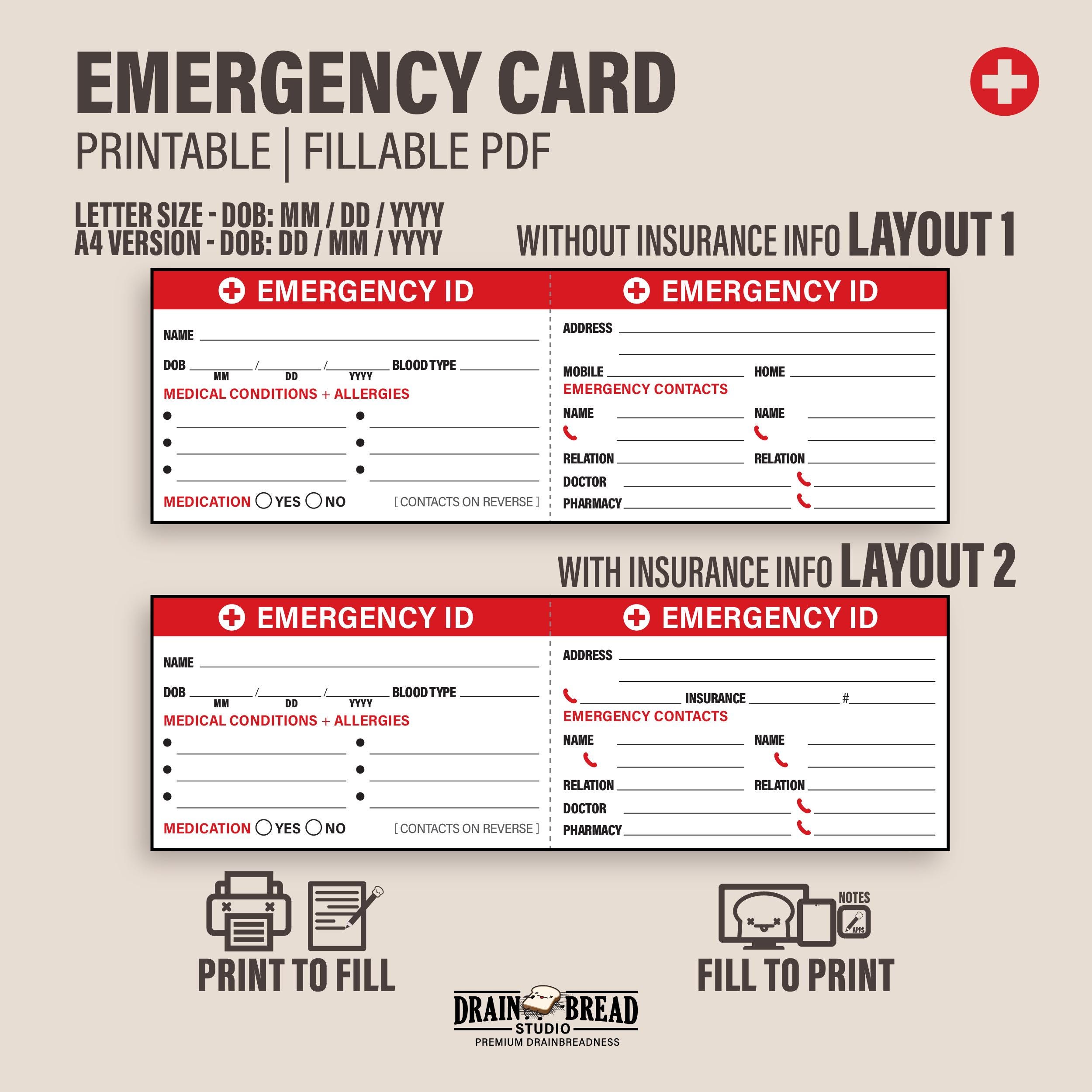 Emergency ID Wallet Card - Customisable Medical Info, Personal Details ...