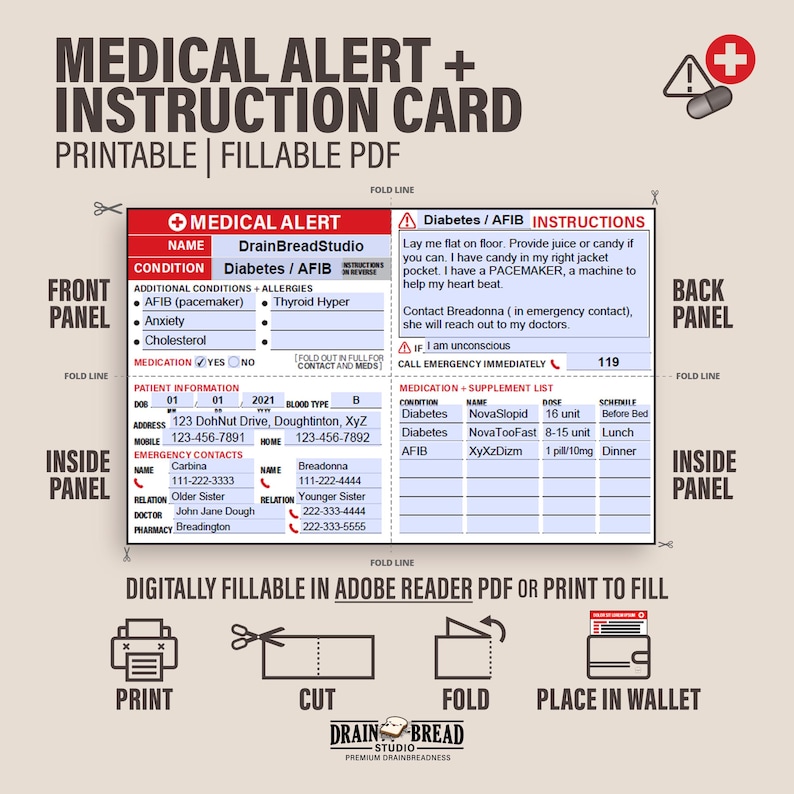 Medical Alert ID Wallet Card - Custom Emergency Instructions, Medical ...