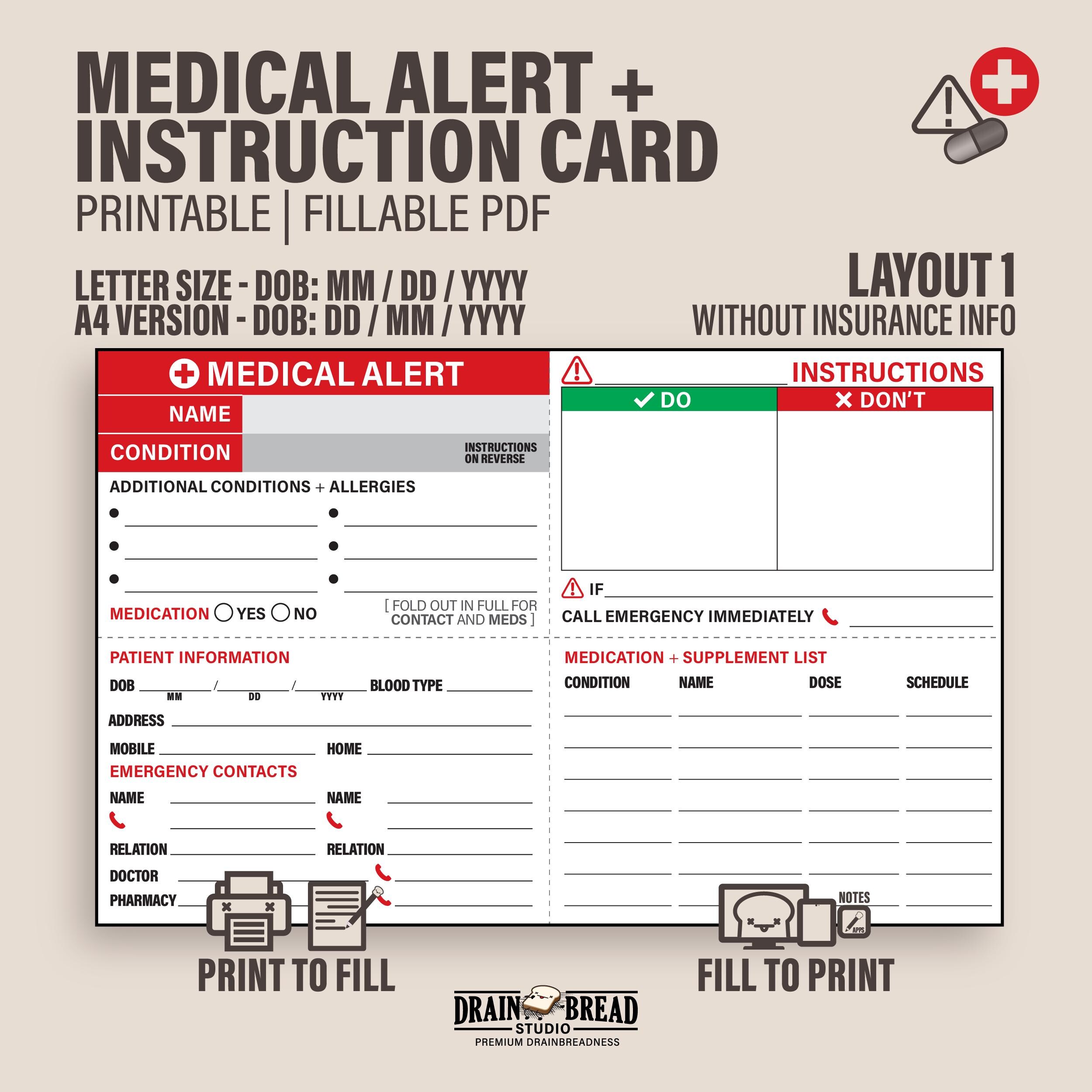 Custom Medical Alert ID Wallet Card | Emergency Info, Medication List ...