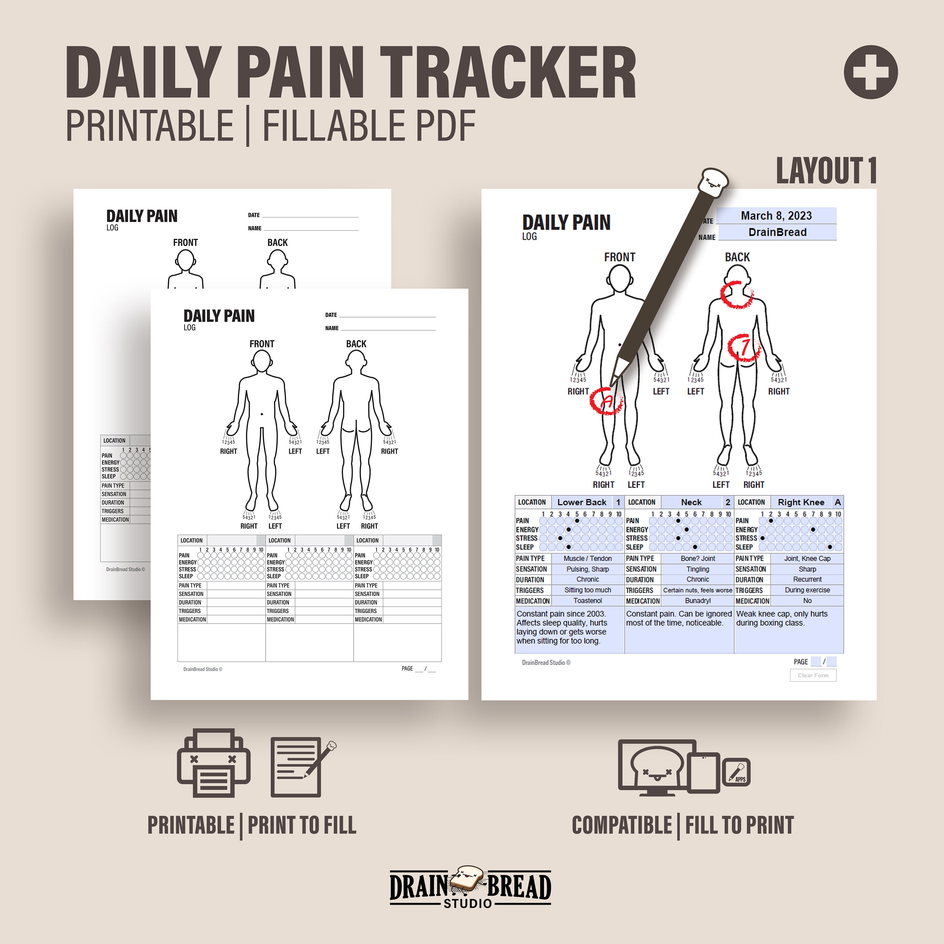 Daily Pain Tracker Pain Symptoms Log Pain Management | Printable ...