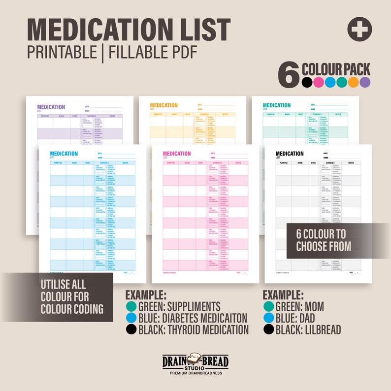 Medication Tracking List 6 Colour Pack With Purpose Dose Schedule and ...