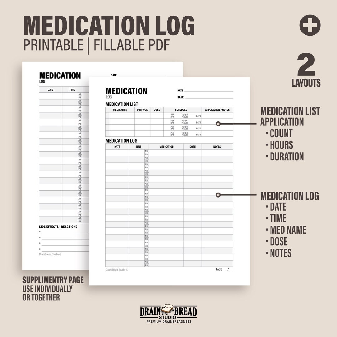 Medication Log Short Term Medication Log Pack | Printable & Fillable ...