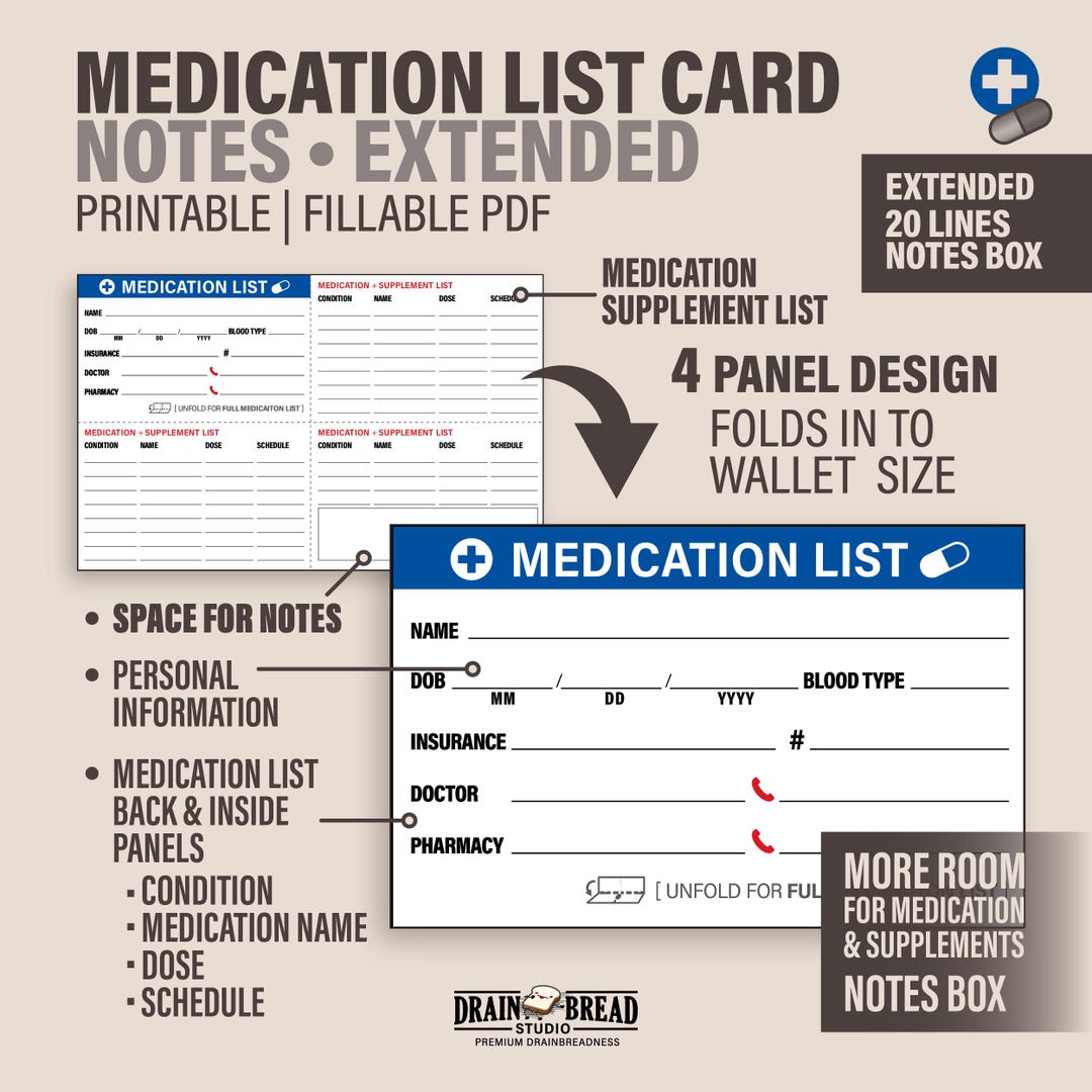 Medication List Wallet Card - NOTES EXTENDED - Allergy & Reaction Note ...
