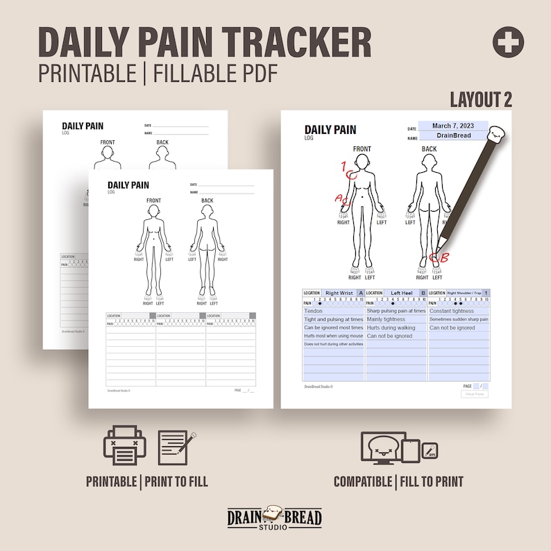 Daily Pain Tracker Pain Symptoms Log Pain Management | Printable ...