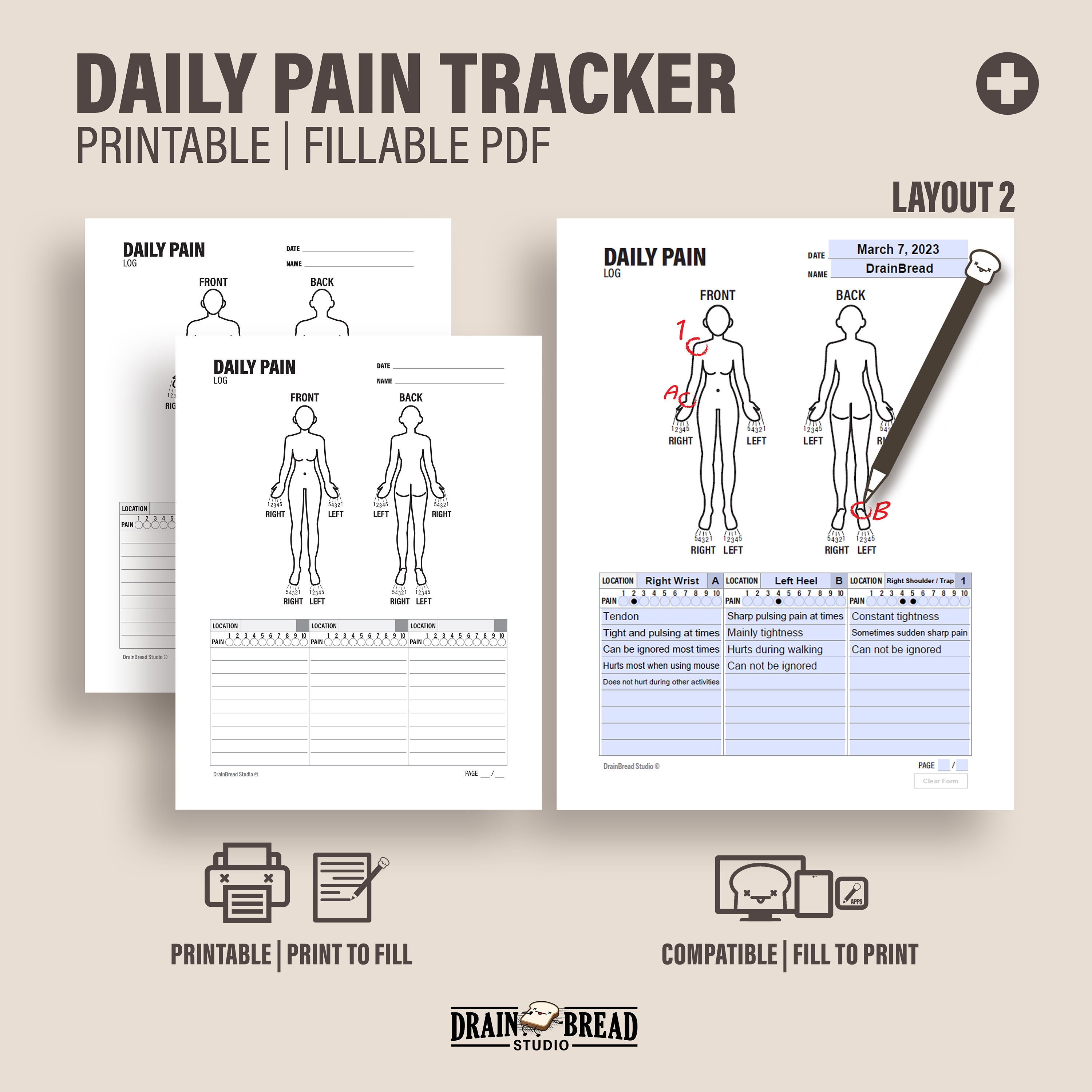 Daily Pain Tracker Pain Symptoms Log Pain Management | Printable ...