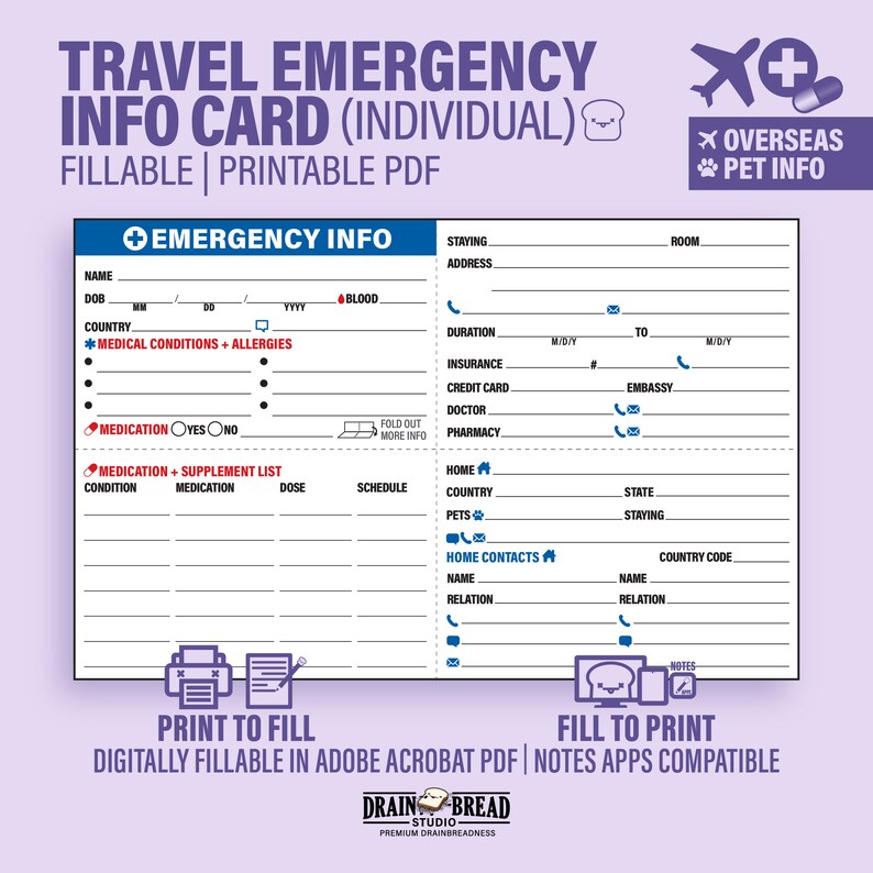 Travel Emergency Card (personal) With Emergency Contacts Med Conditions ...