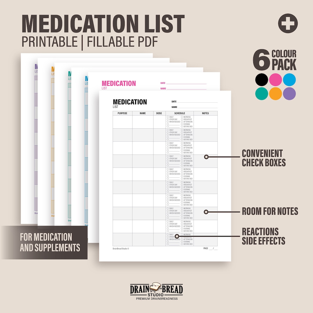 Medication Tracking List 6 Colour Pack With Purpose Dose Schedule and ...