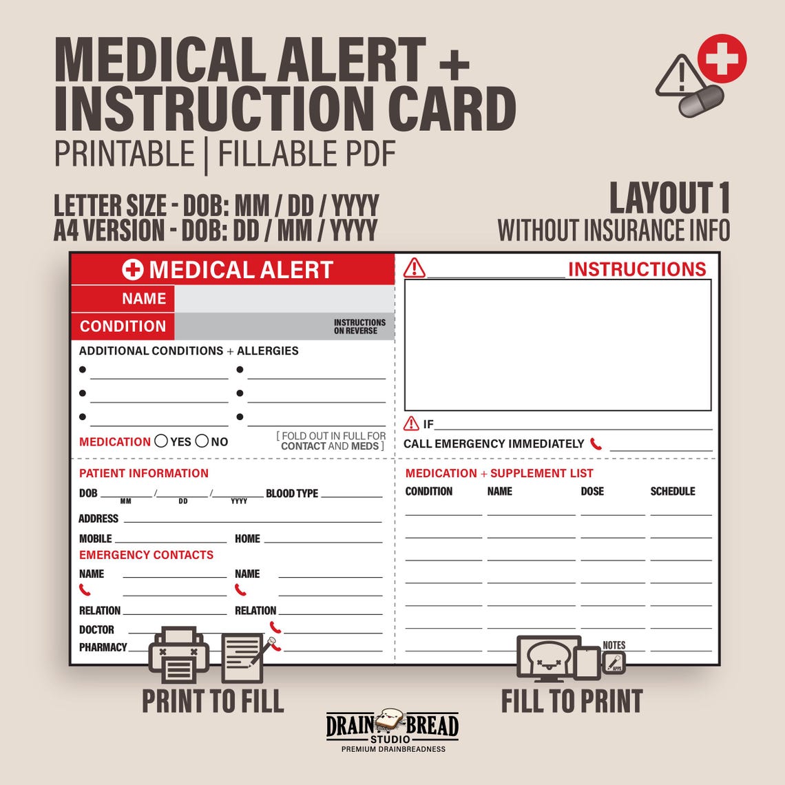 Medical Alert ID Wallet Card - Custom Emergency Instructions, Medical ...