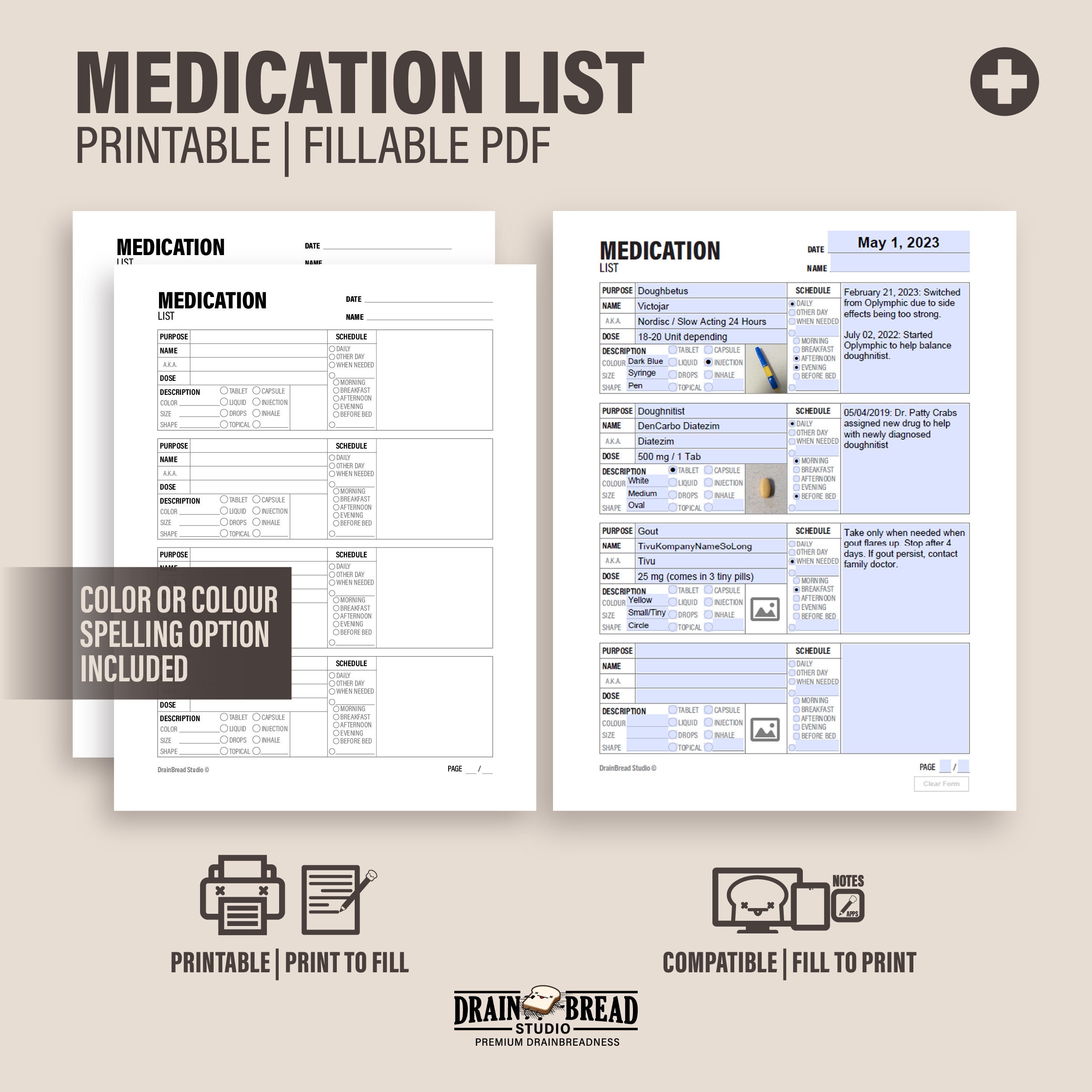 Medication Tracking List With Detailed Description Med Info Schedule ...