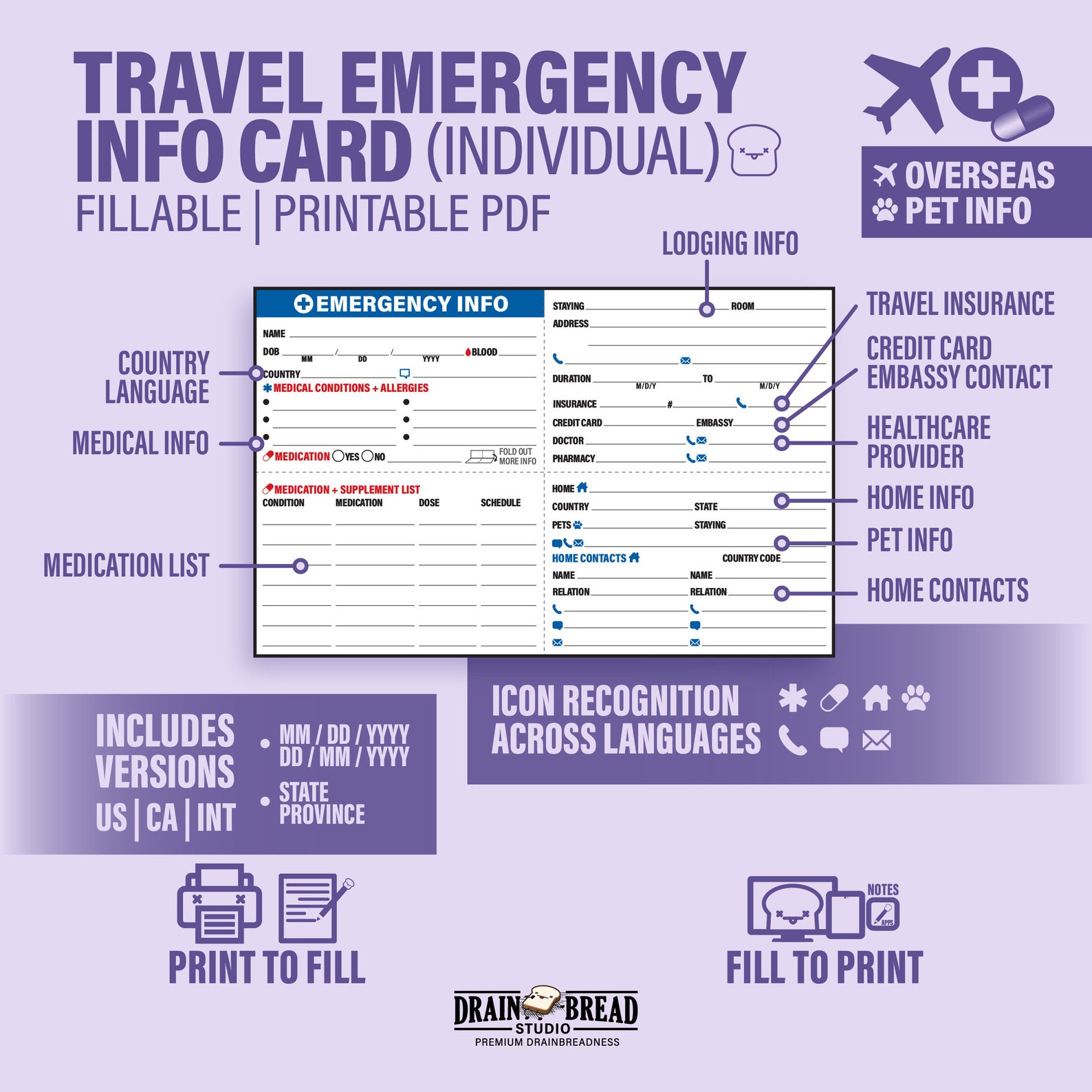 Travel Emergency Card (personal) With Emergency Contacts Med Conditions ...