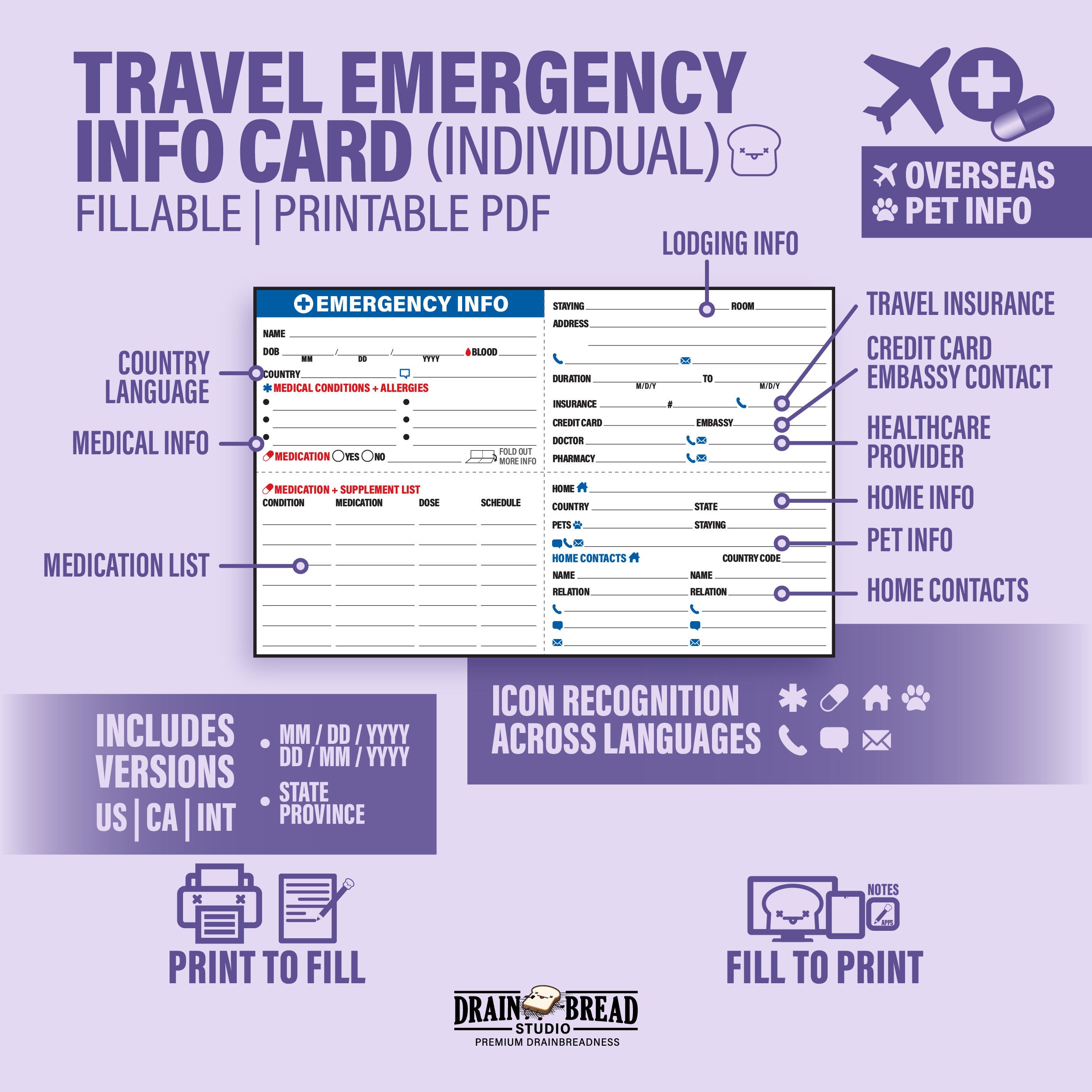 Travel Emergency Card (personal) With Emergency Contacts Med Conditions ...