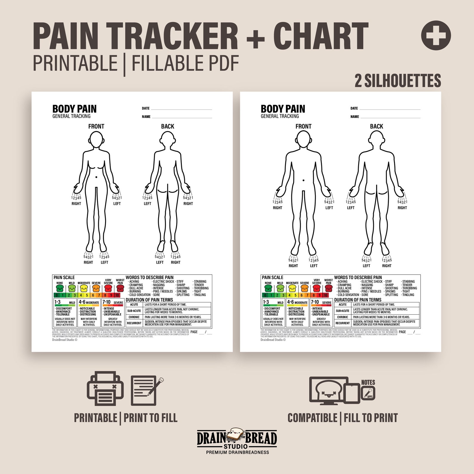 Pain Symptoms Tracker Pack With Preset or Customisable Trackers Pain ...