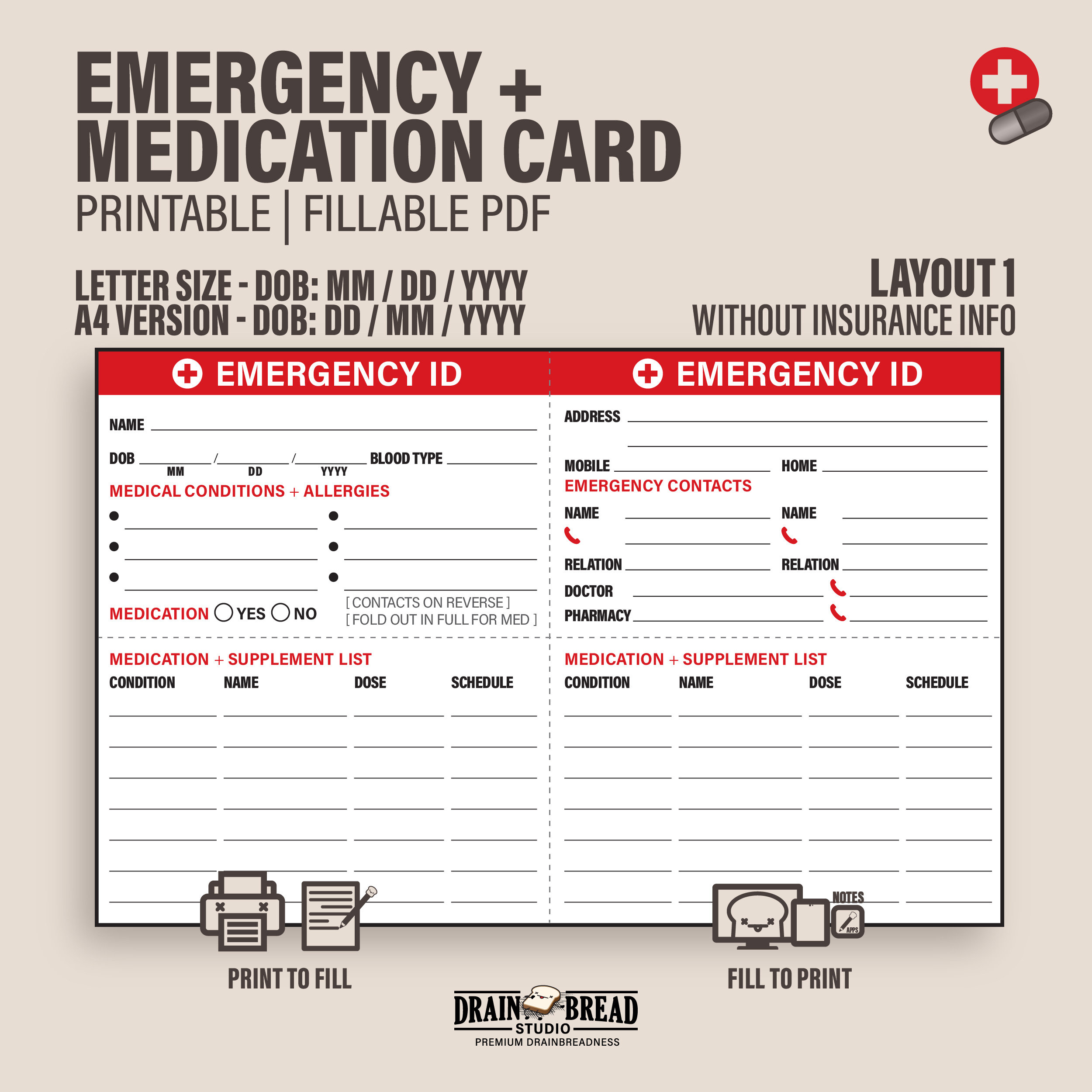 Emergency ID Wallet Card - Customisable Medical Info, Personal Details ...