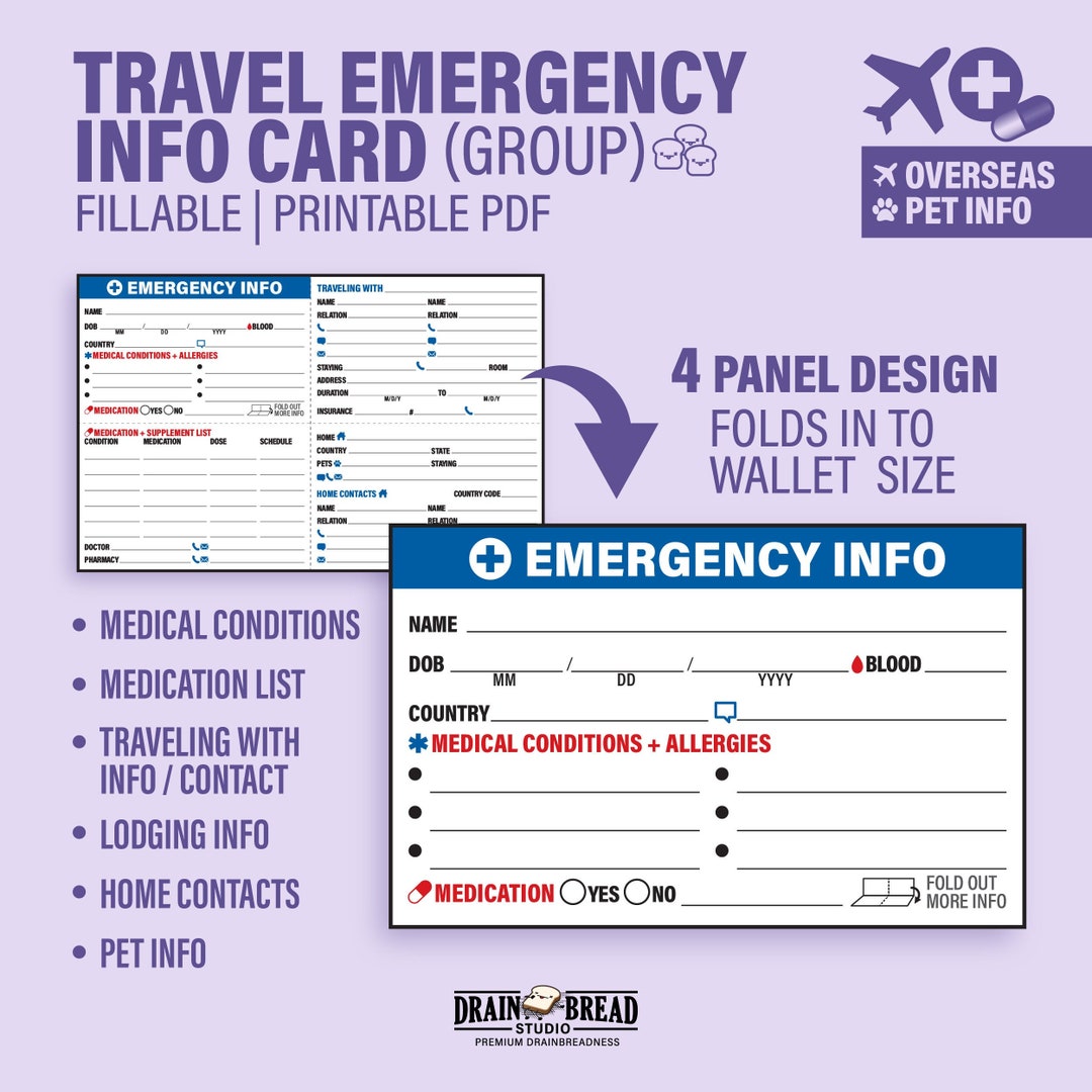 Travel Emergency Card (group) With Pet Info Emergency Contacts Med ...