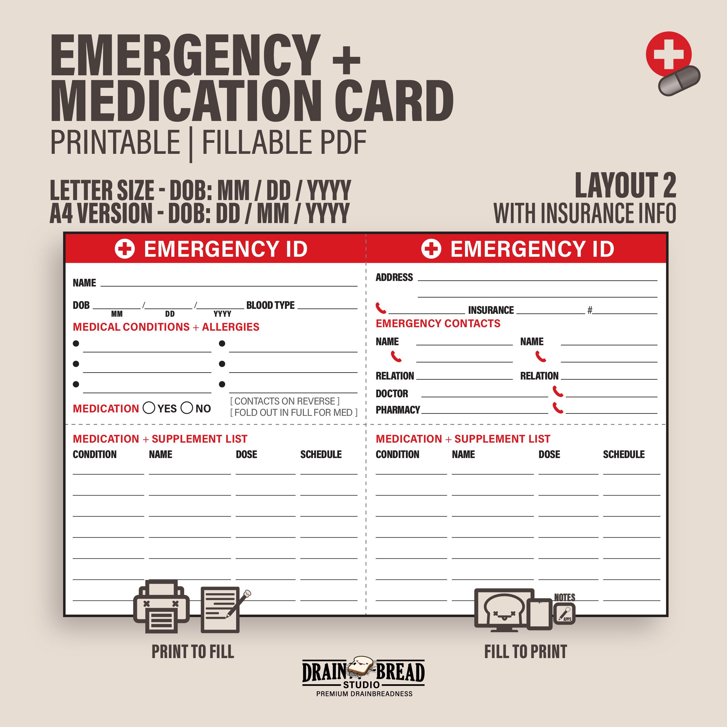Emergency ID Wallet Card - Customisable Medical Info, Personal Details ...