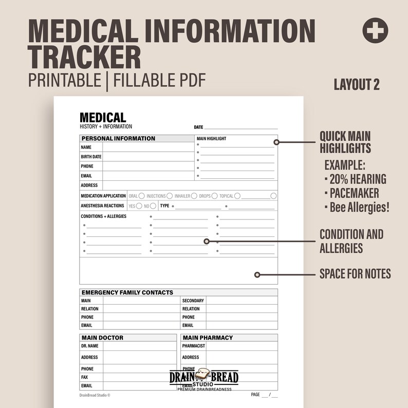 Medical Information Tracker With Emergency Contacts Doctor Contact ...