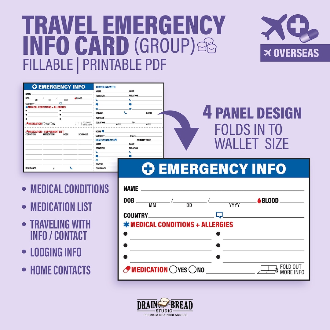 Travel Emergency Card (group) With Emergency Contacts Medical ...