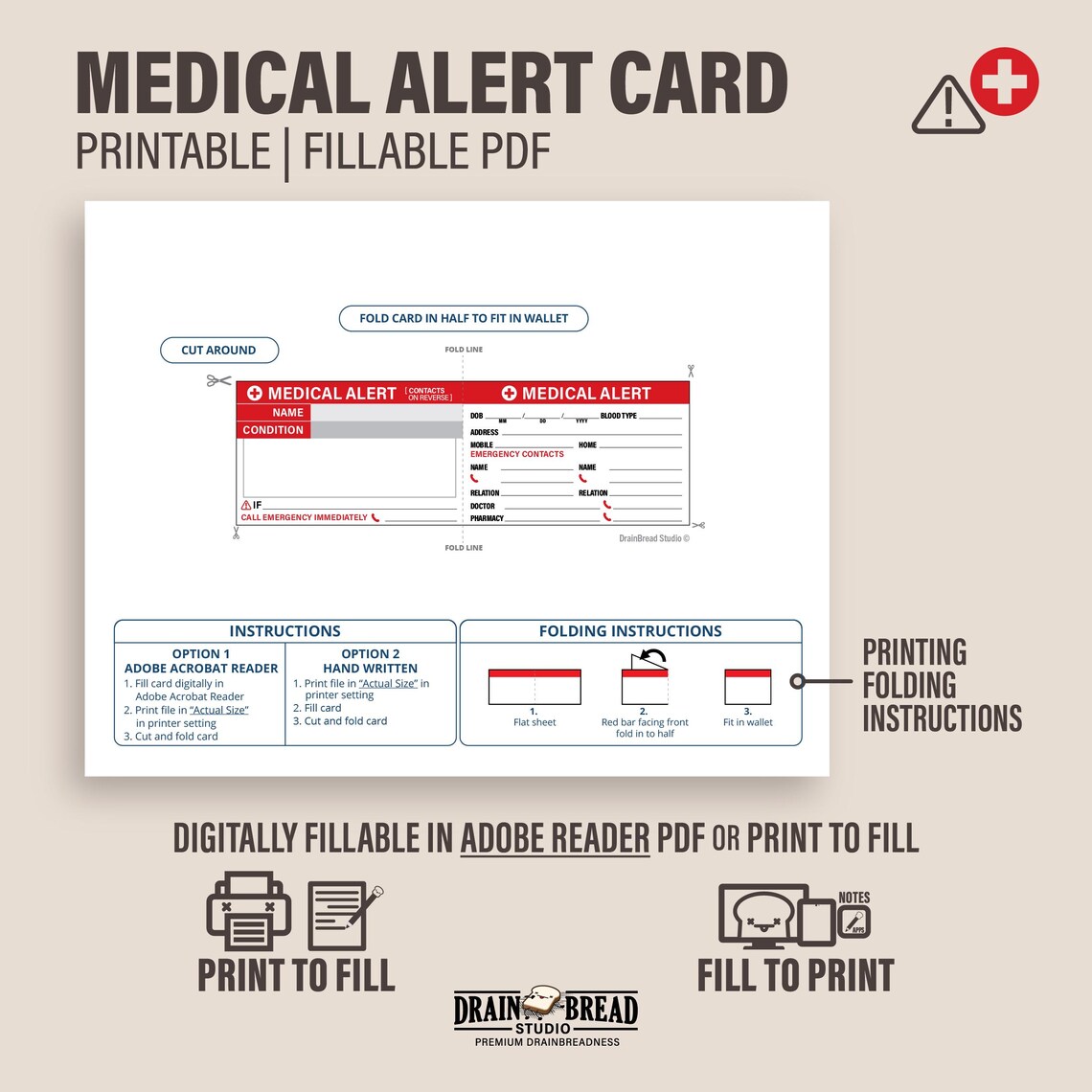 Medical Alert ID Wallet Card - Customisable Emergency Instructions ...